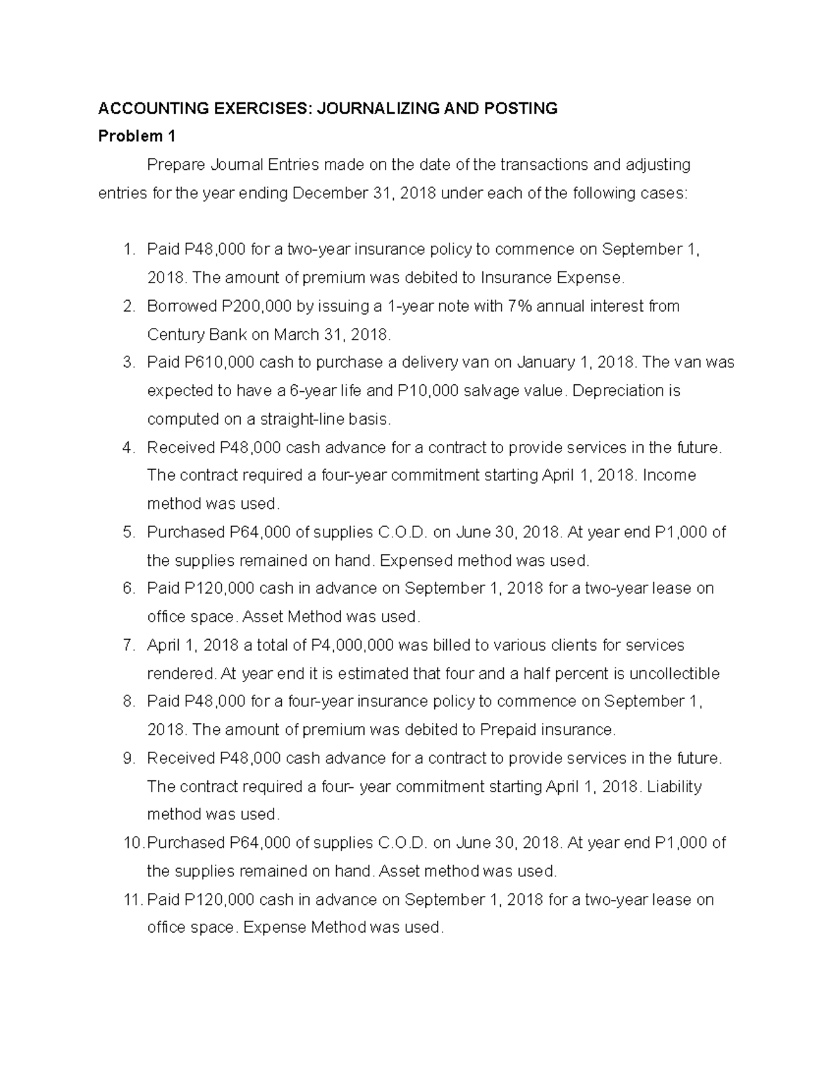 Accounting Exercises: Journalizing & Posting - Problem Set - Studocu