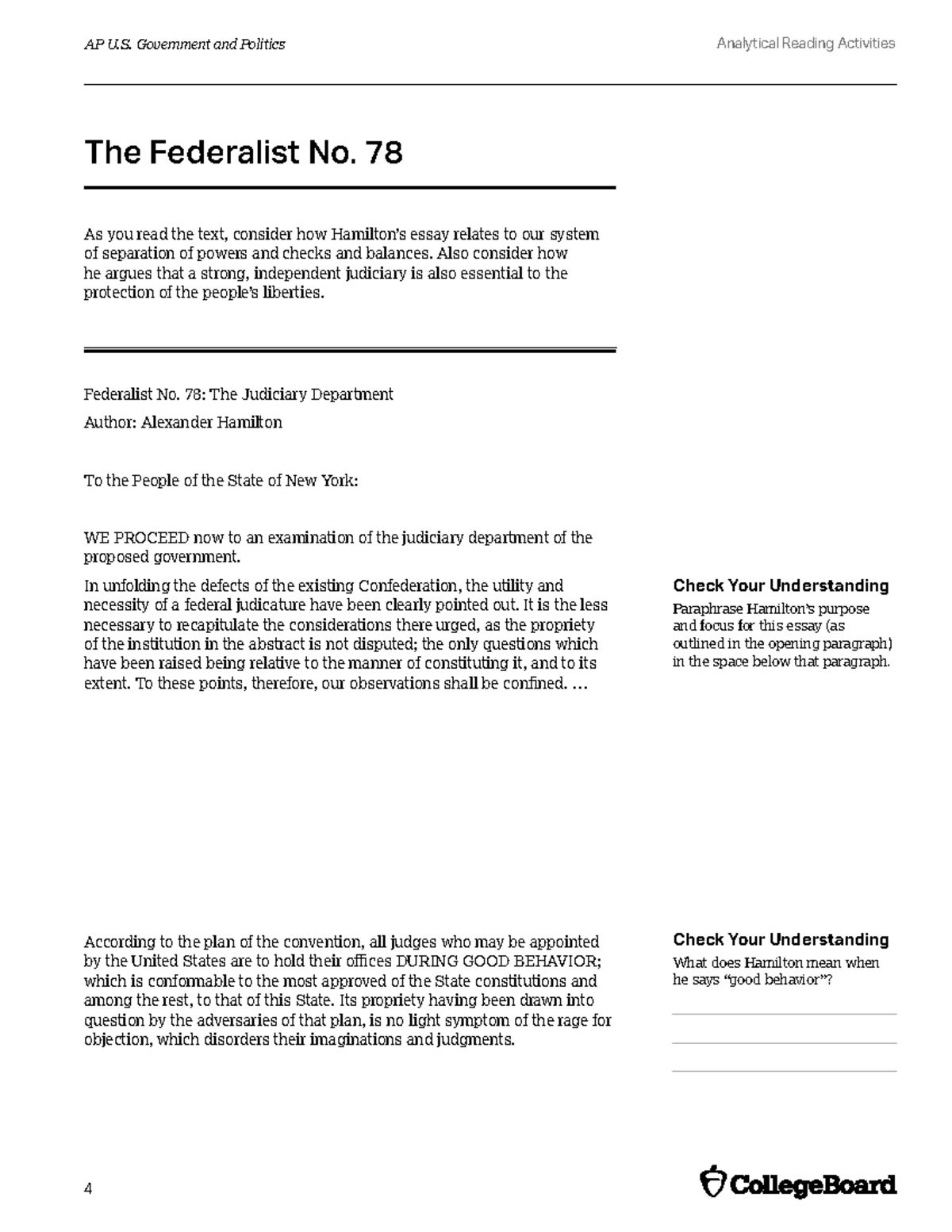 Federalist 78 Worksheet - The Federalist No. 78 As you read the text ...