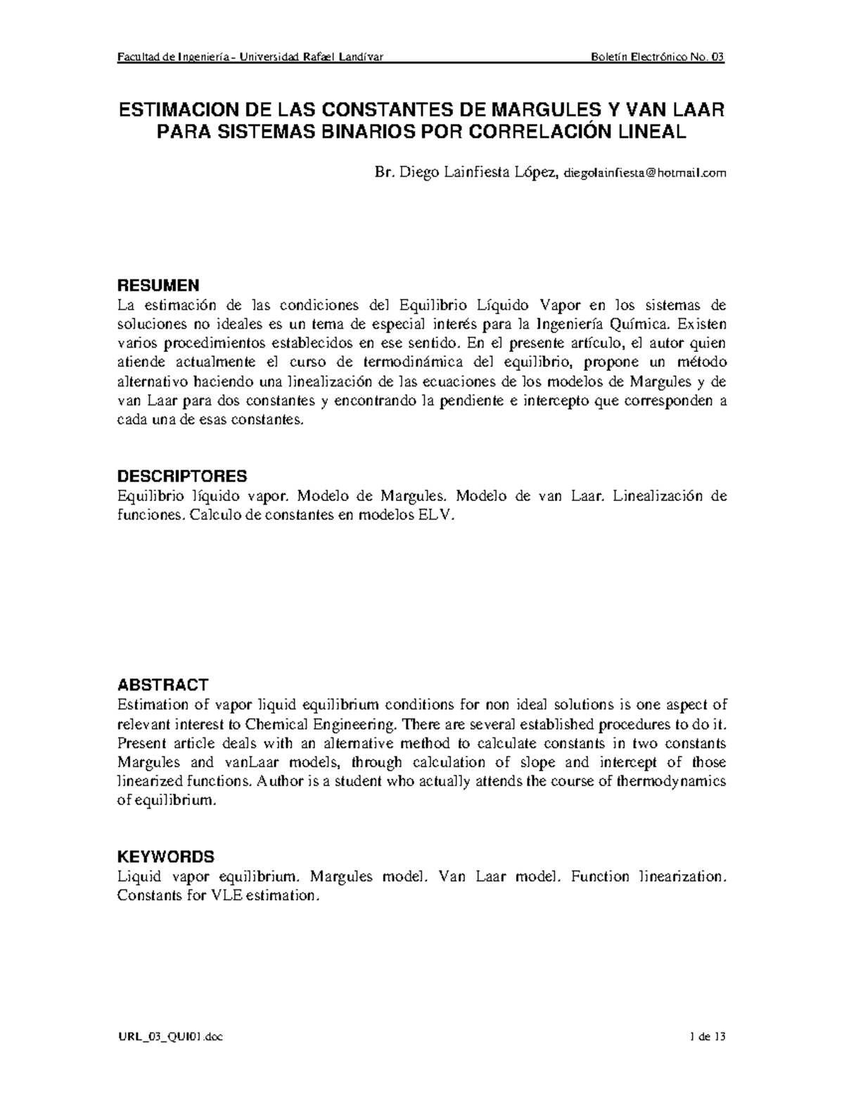 Estimación de Constantes de Margules y van Laar en Sistemas Binarios ...