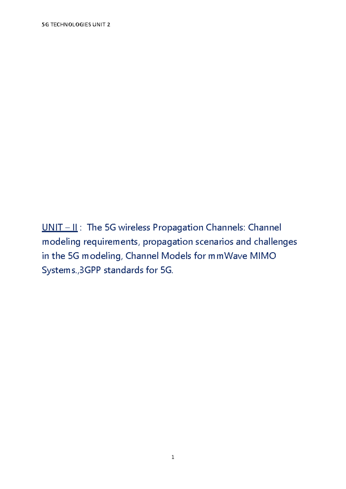 5G TECHNOLOGIES UNIT 2: Wireless Propagation Channels & Modeling ...