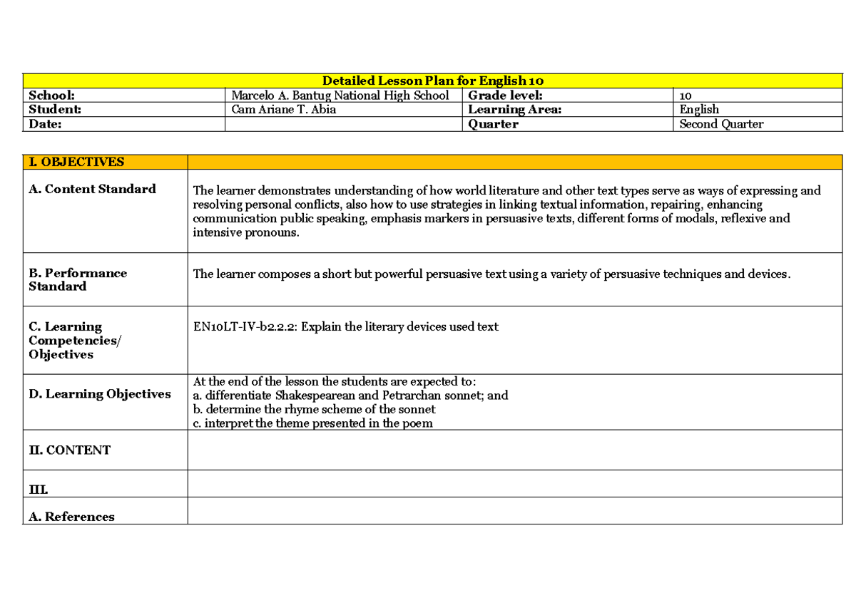 English 10: Detailed Lesson Plan on Petrarchan & Shakespearean Sonnets ...