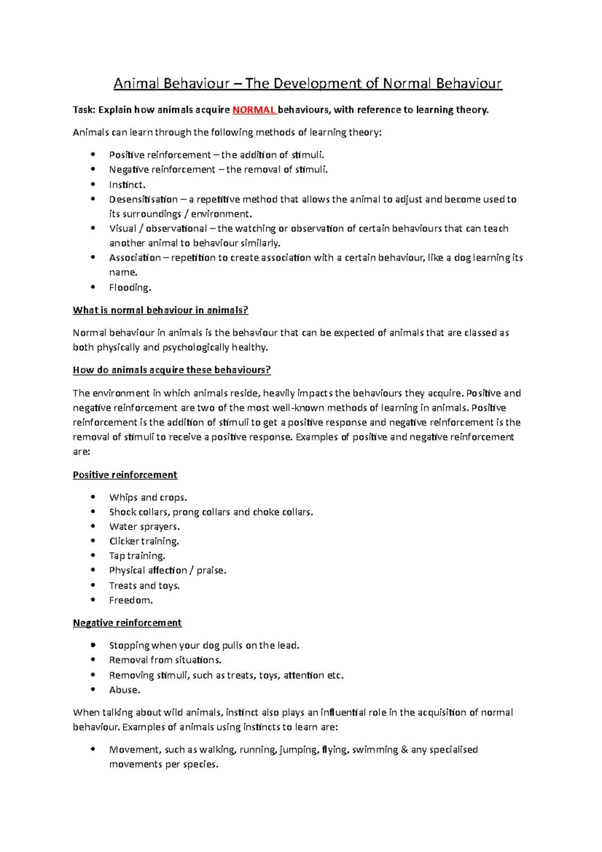 Coursework on Animal Behaviour - Understanding Normal Behaviour ...