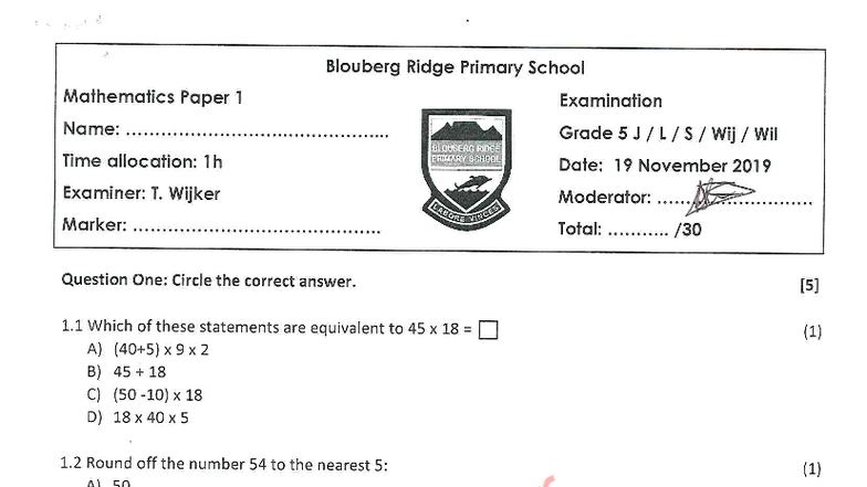 Grade 5 Mathematics Paper 1 Exam - Blouberg Ridge Primary School - Studocu