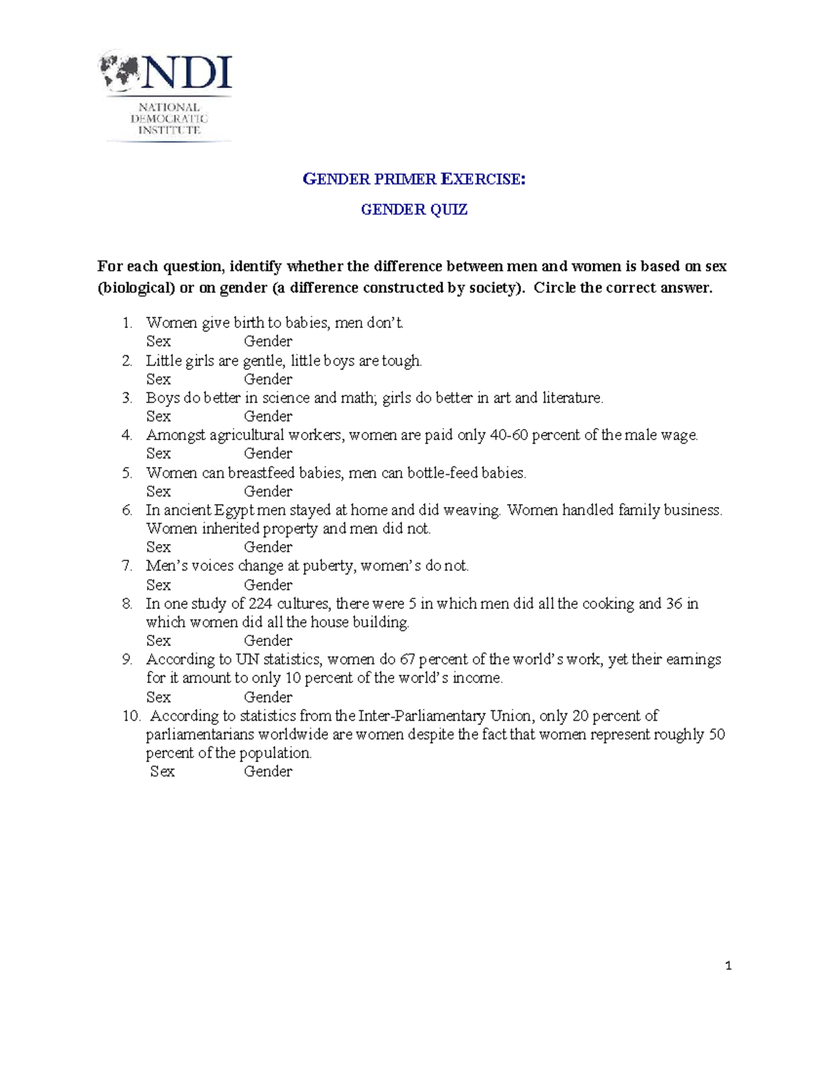 GENDER PRIMER EXERCISE: GENDER QUIZ HANDOUT 1 - Studocu