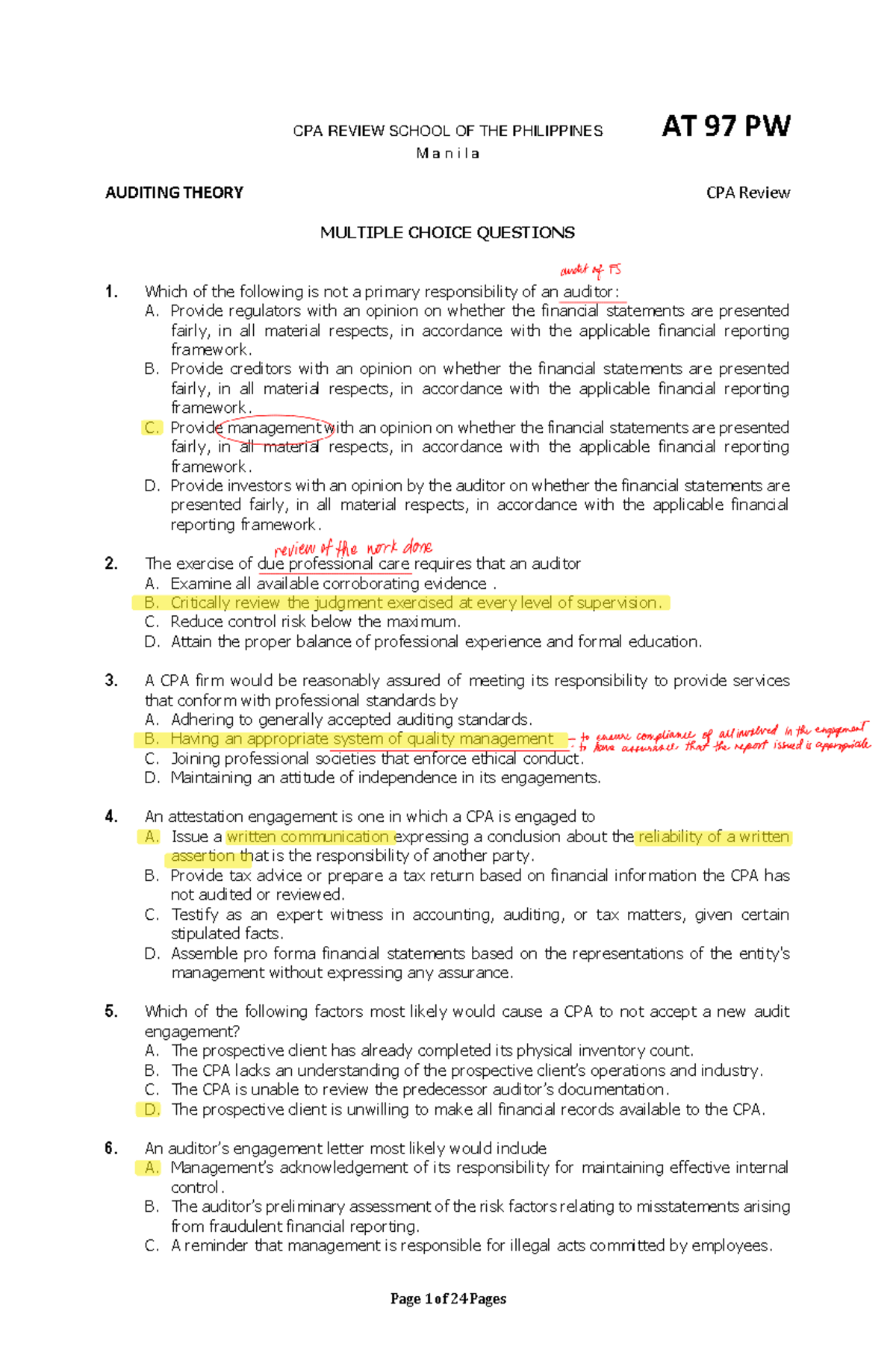 AT-B97-PW Auditing Theory: Multiple Choice Questions Review - Studocu