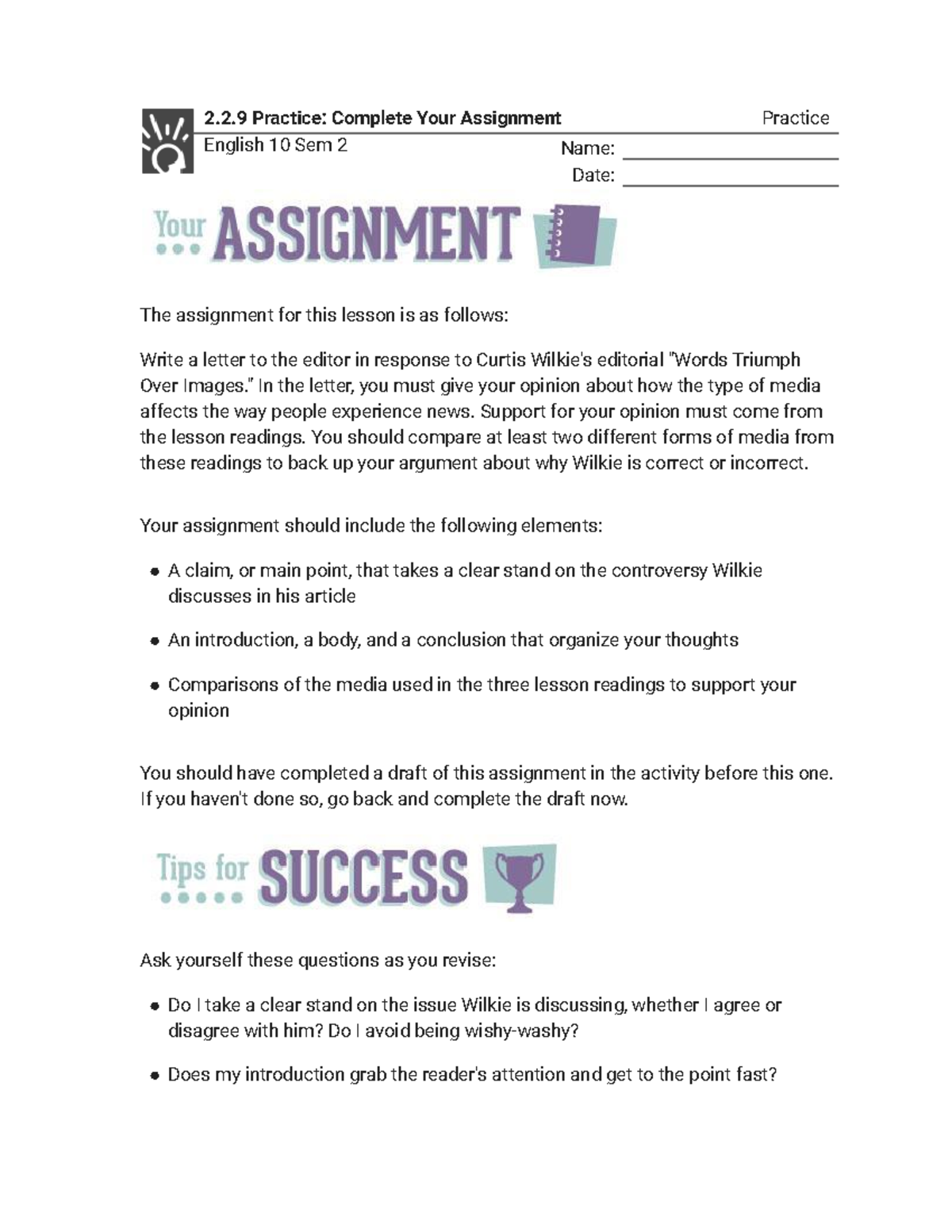 English 10 Sem 2: Complete Your Assignment - Letter to the Editor - Studocu