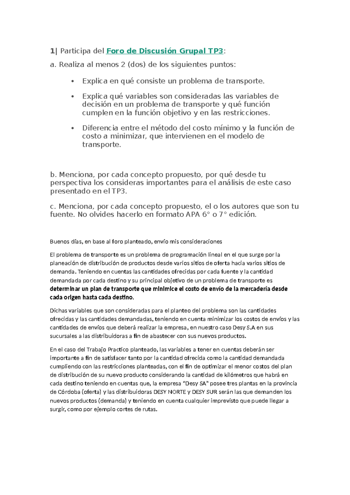 Foro de Discusión Grupal TP3: Análisis del Problema de Transporte - Studocu