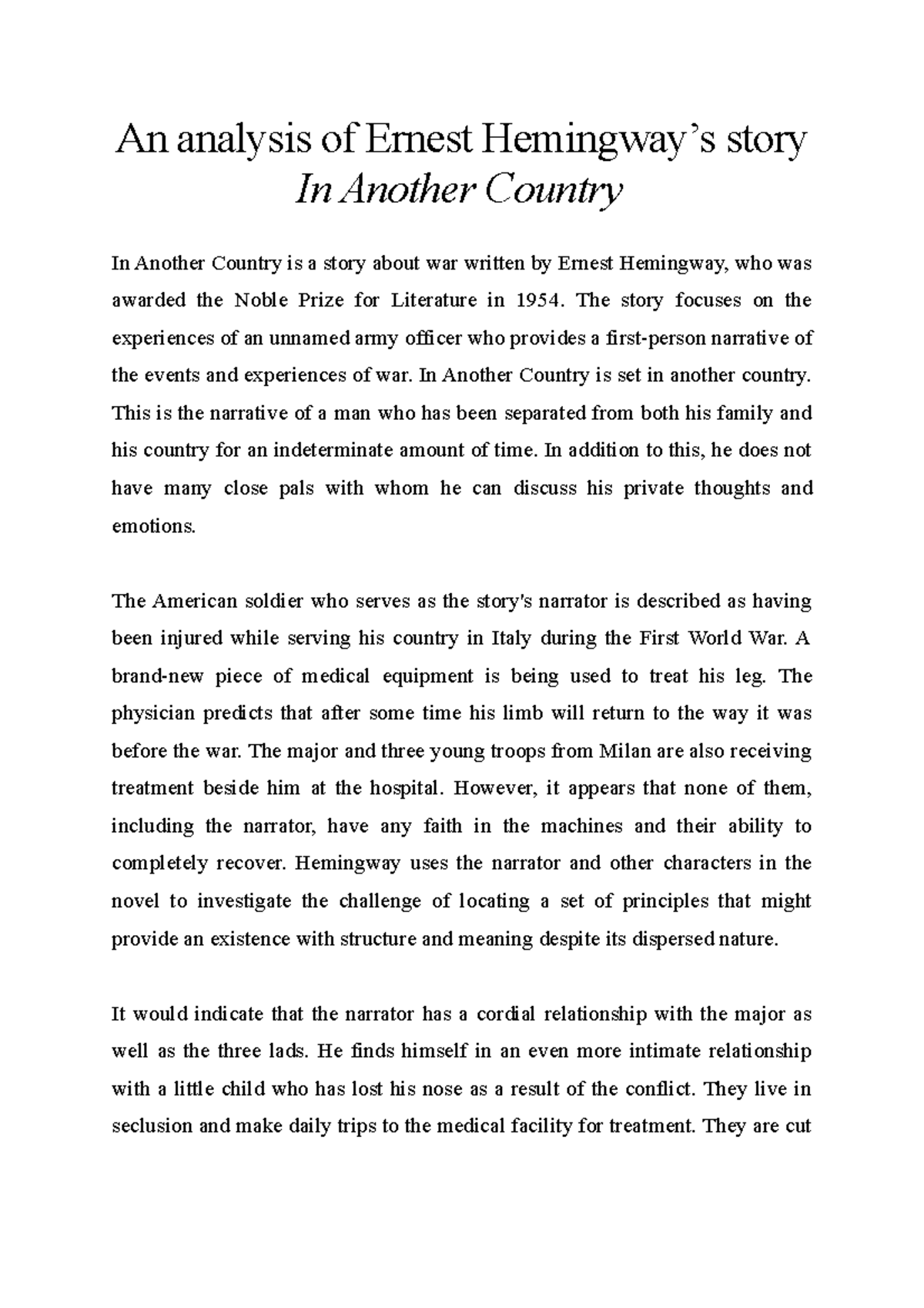 Hemingway’s In Another Country: A War Story Analysis - Studocu