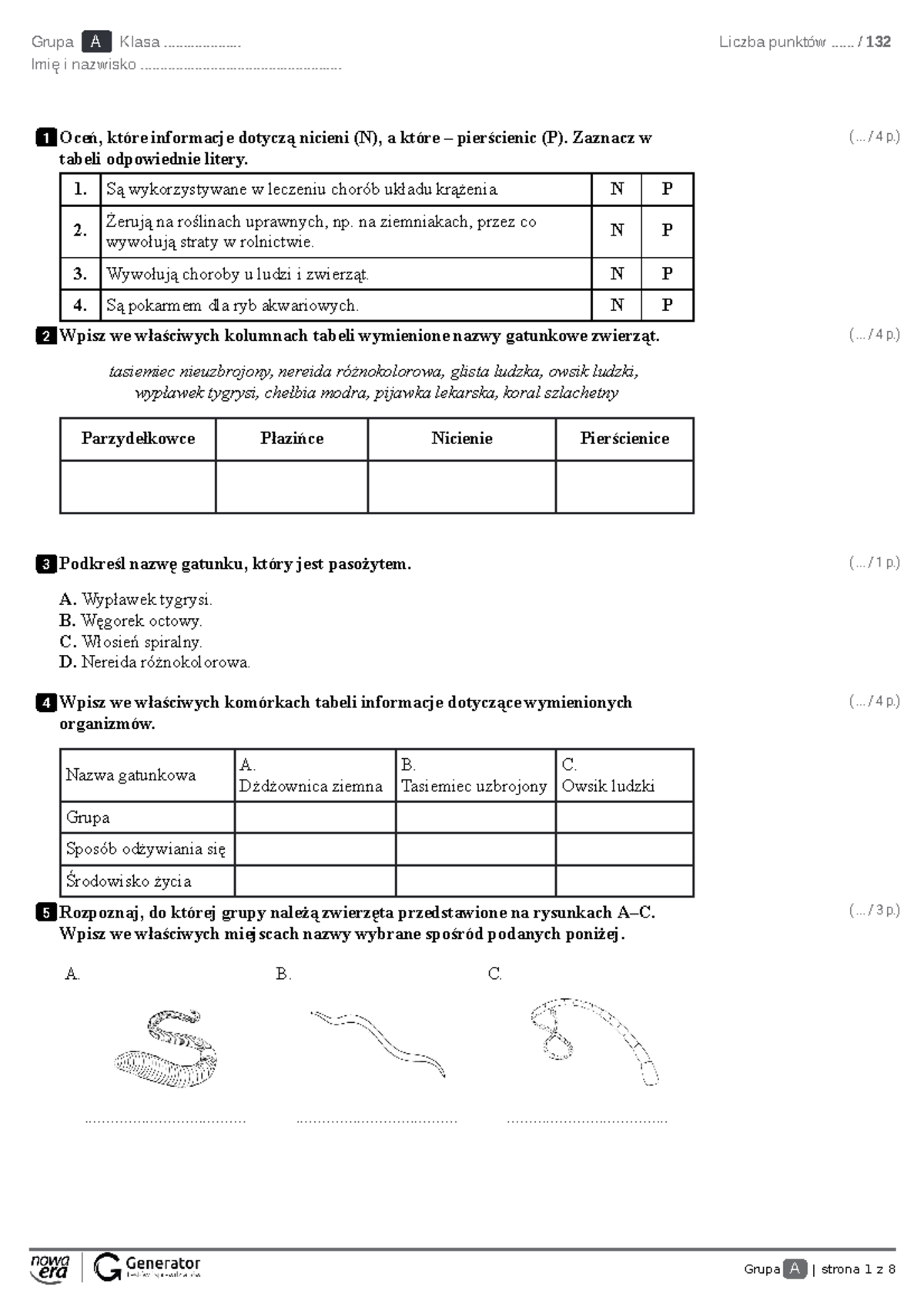 Test - Biologia Klasa 6 Rozdział 2: Nicienie i Pierścienice - Studocu