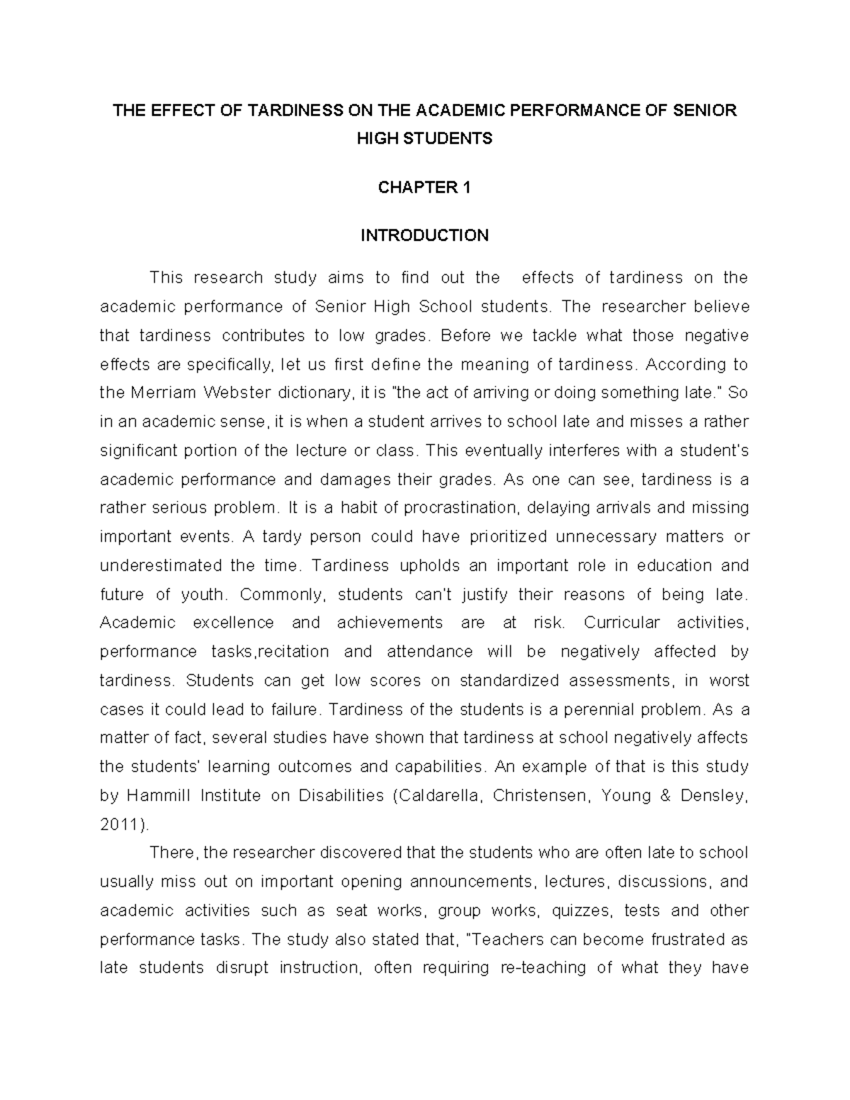 Final Research Study on the Effects of Tardiness in SHS Students - Studocu