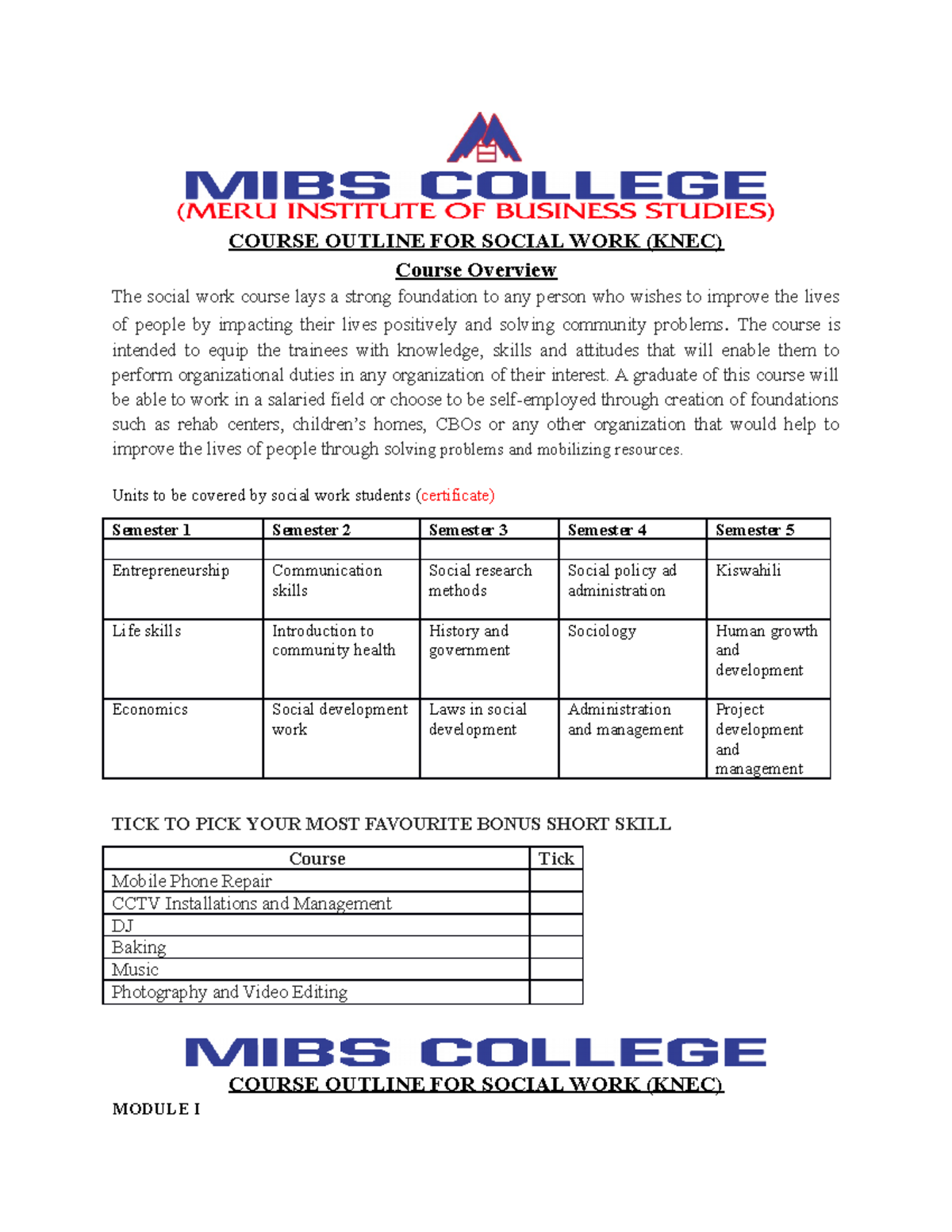 Social WORK - KNEC Curriculum Overview and Module Breakdown - Studocu