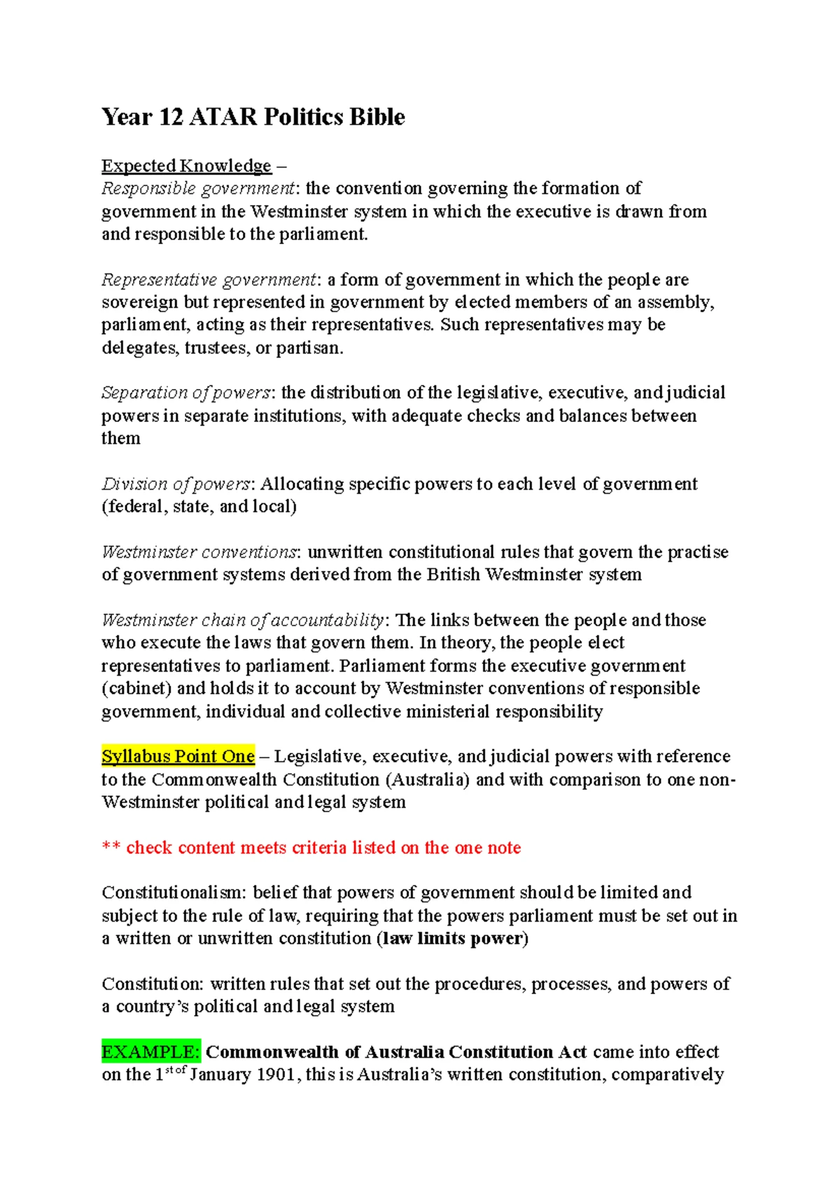 WACE Year 12 Politics & Law Final Exam Study Notes - Studocu