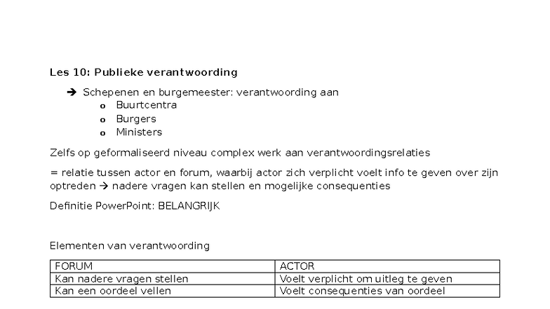 Les 10: Publieke Verantwoording van Schepenen en Burgemeester - Studocu