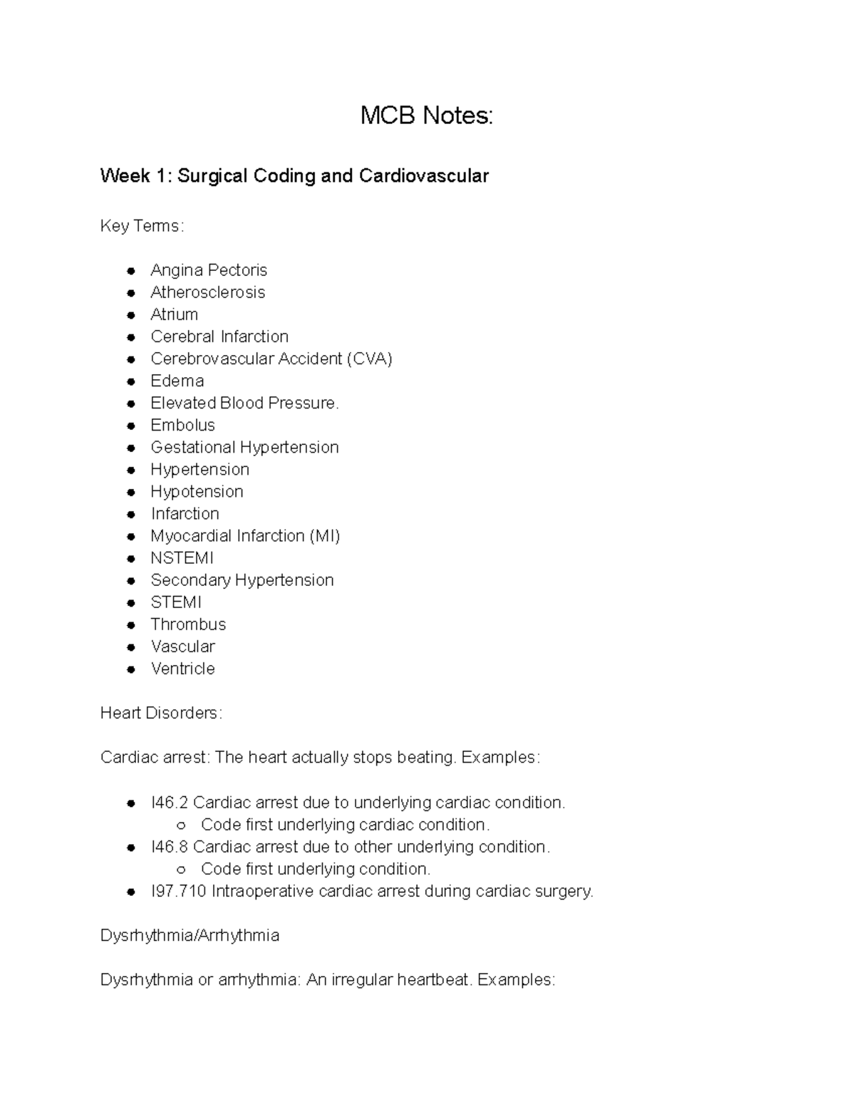 MCB 101: Week 1 Surgical Coding & Cardiovascular Key Terms - Studocu
