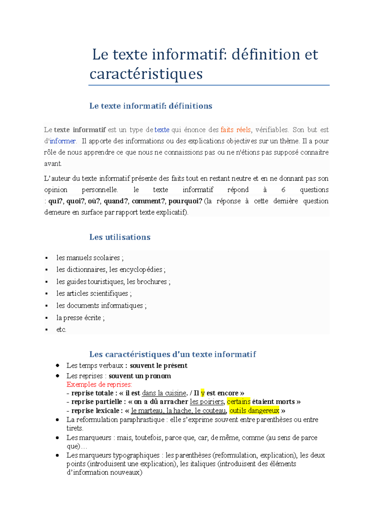 Cours Le texte informatif - Le texte informatif: définition et ...