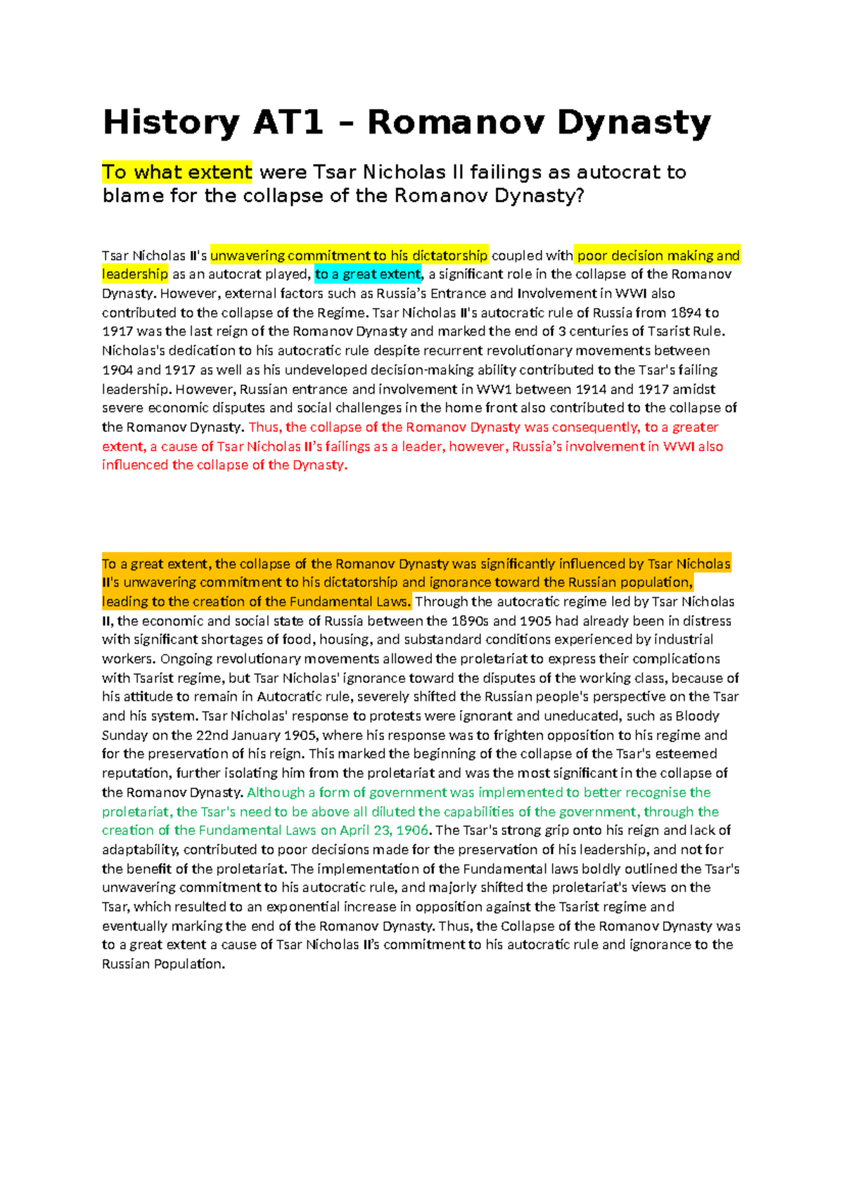 History AT1: The Role of Tsar Nicholas II in the Romanov Dynasty's ...