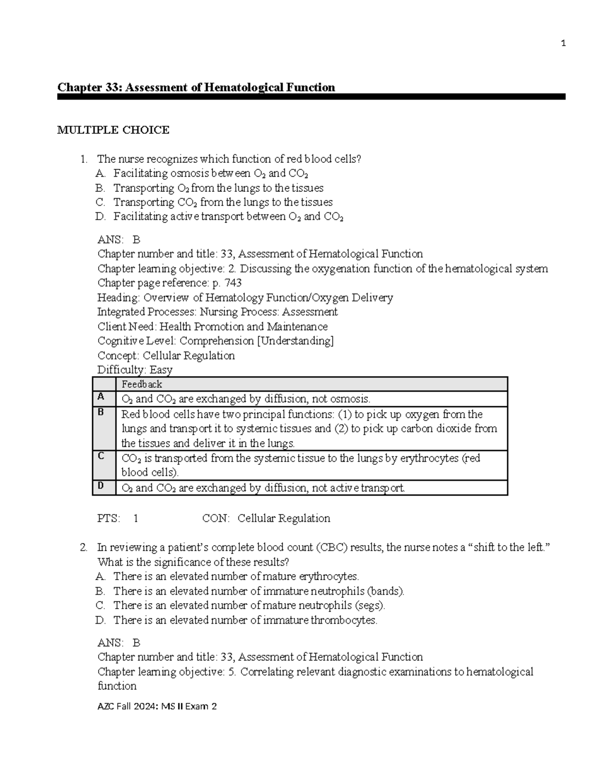 MS II ANS Exam 2: Hematological Function Assessment Quiz Bank - Studocu