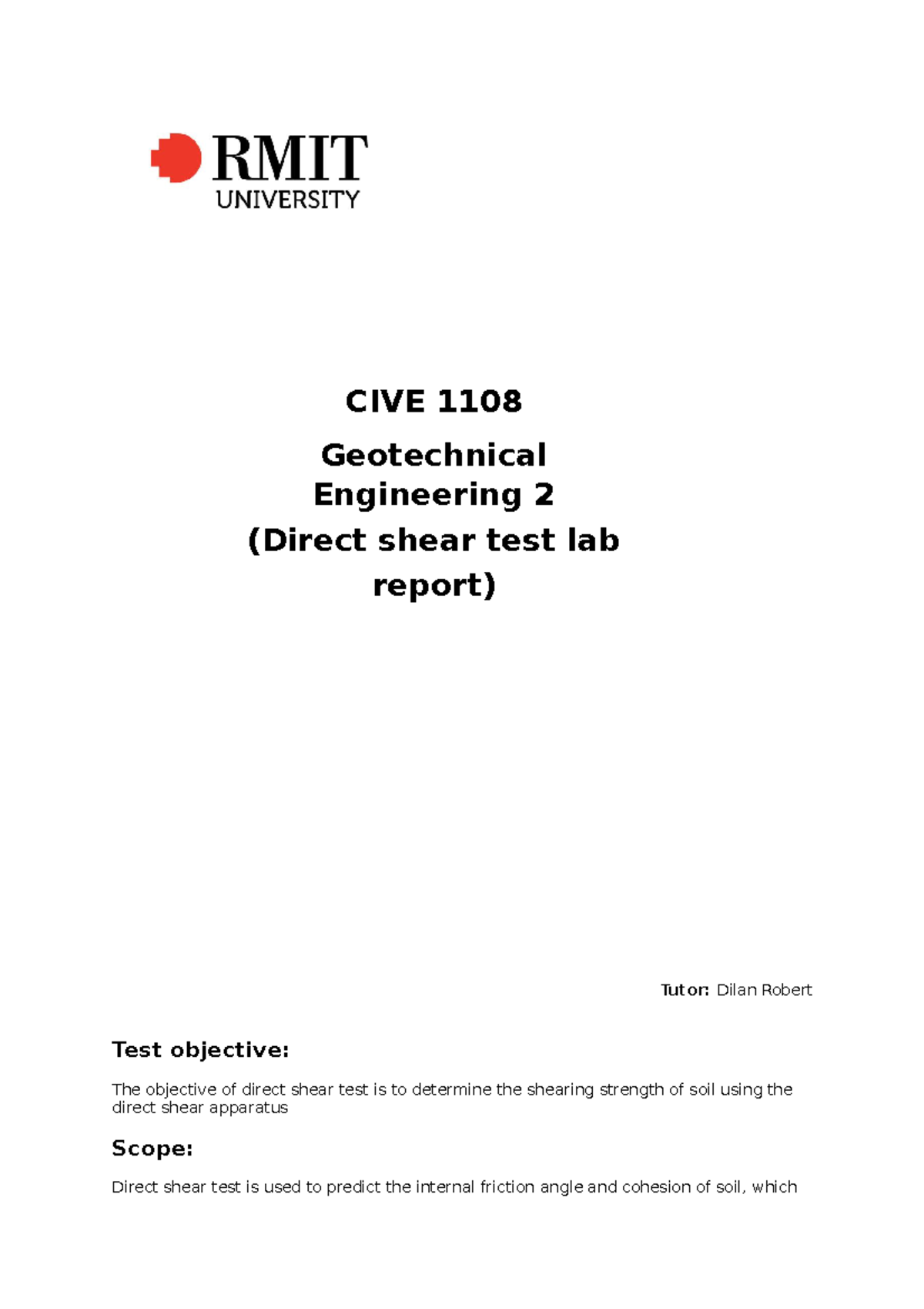 CIVE 1108 Geotechnical Engineering 2 - Direct Shear Test Lab Report ...