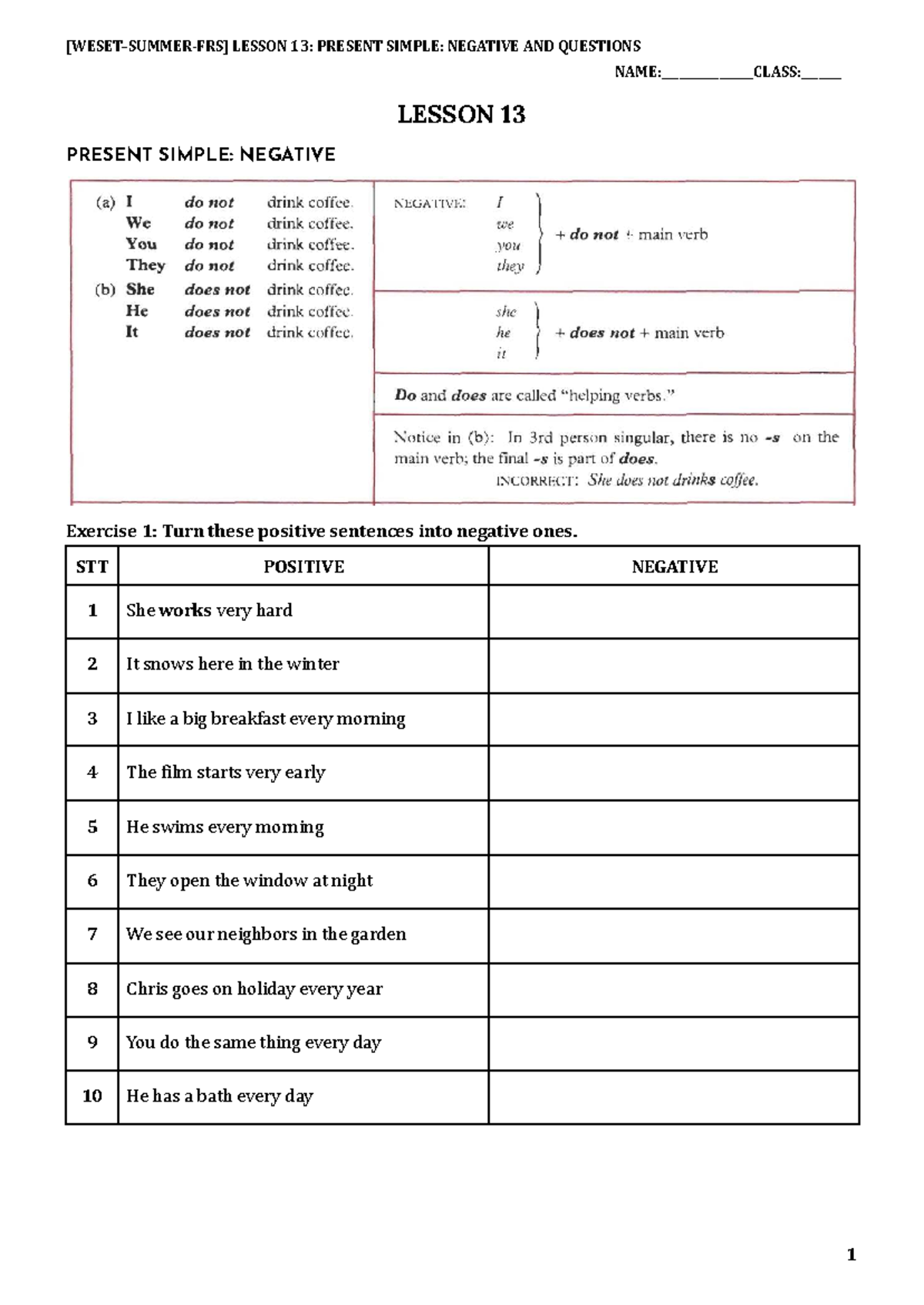 Lesson 13: Present Simple - Negatives & Questions Exercises - Studocu
