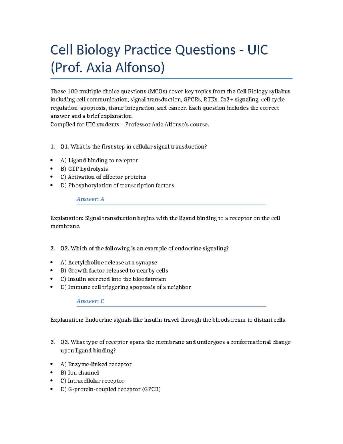 UIC Cell Biology Exam Practice Questions: MCQs on Signal Transduction ...