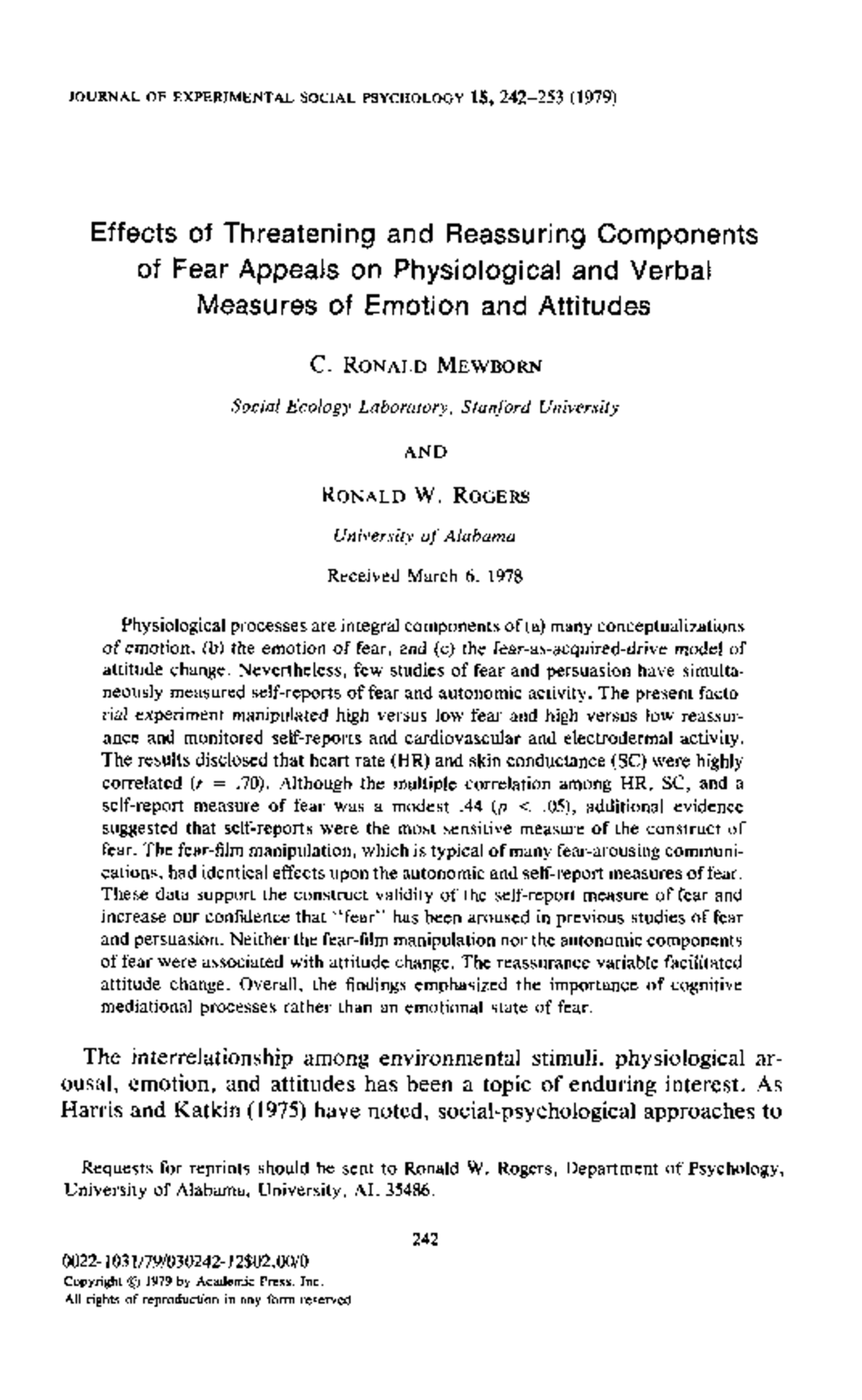 Effects of Fear Appeals on Emotion & Attitude Change - Mewborn 1979 ...