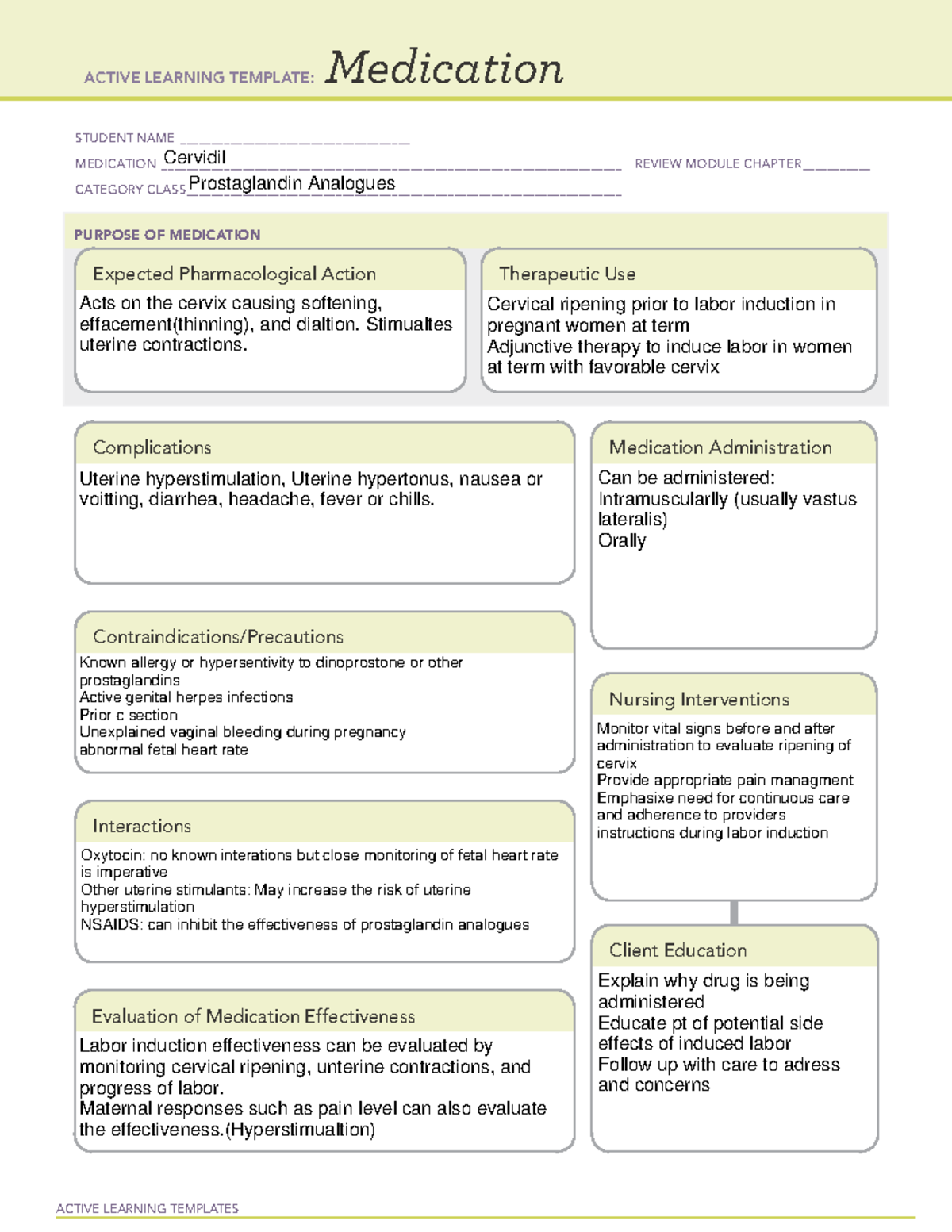 Cervidil Drug Card - Active Learning Template for Nursing (NUR) - Studocu