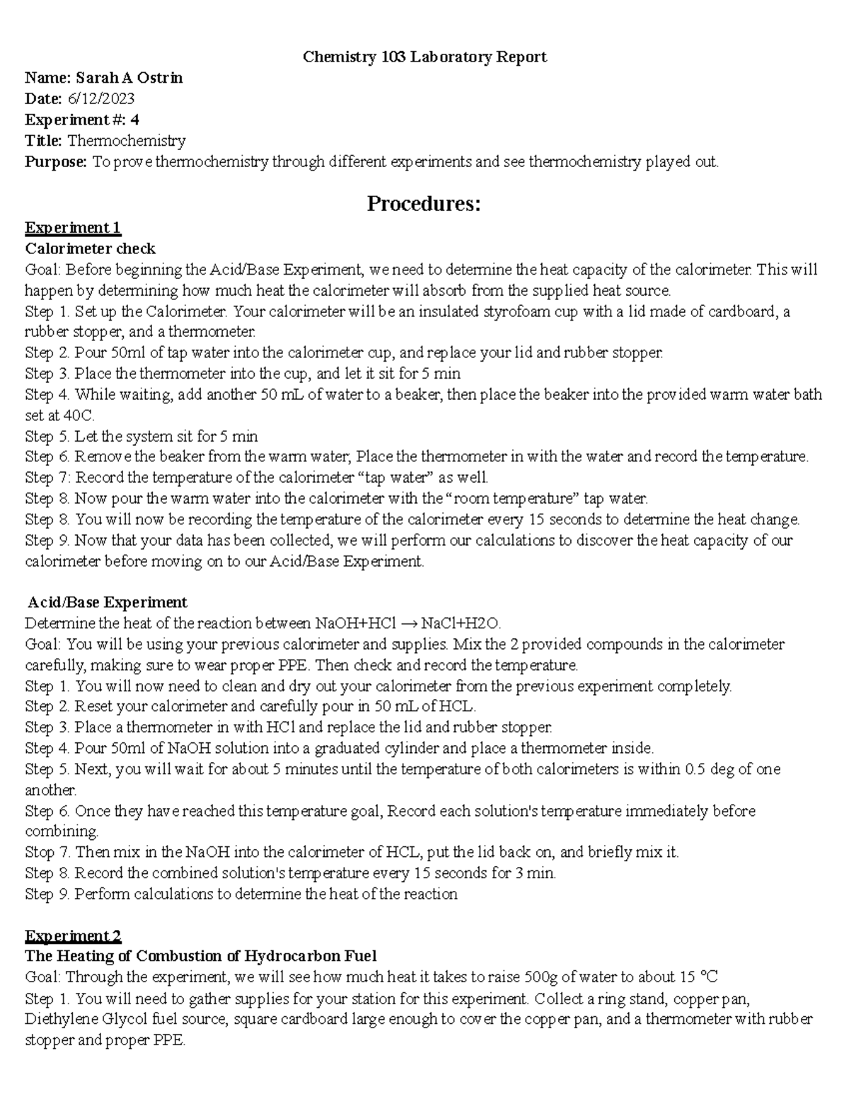 Chemistry 103 Lab Report #4: Exploring Thermochemistry Techniques - Studocu
