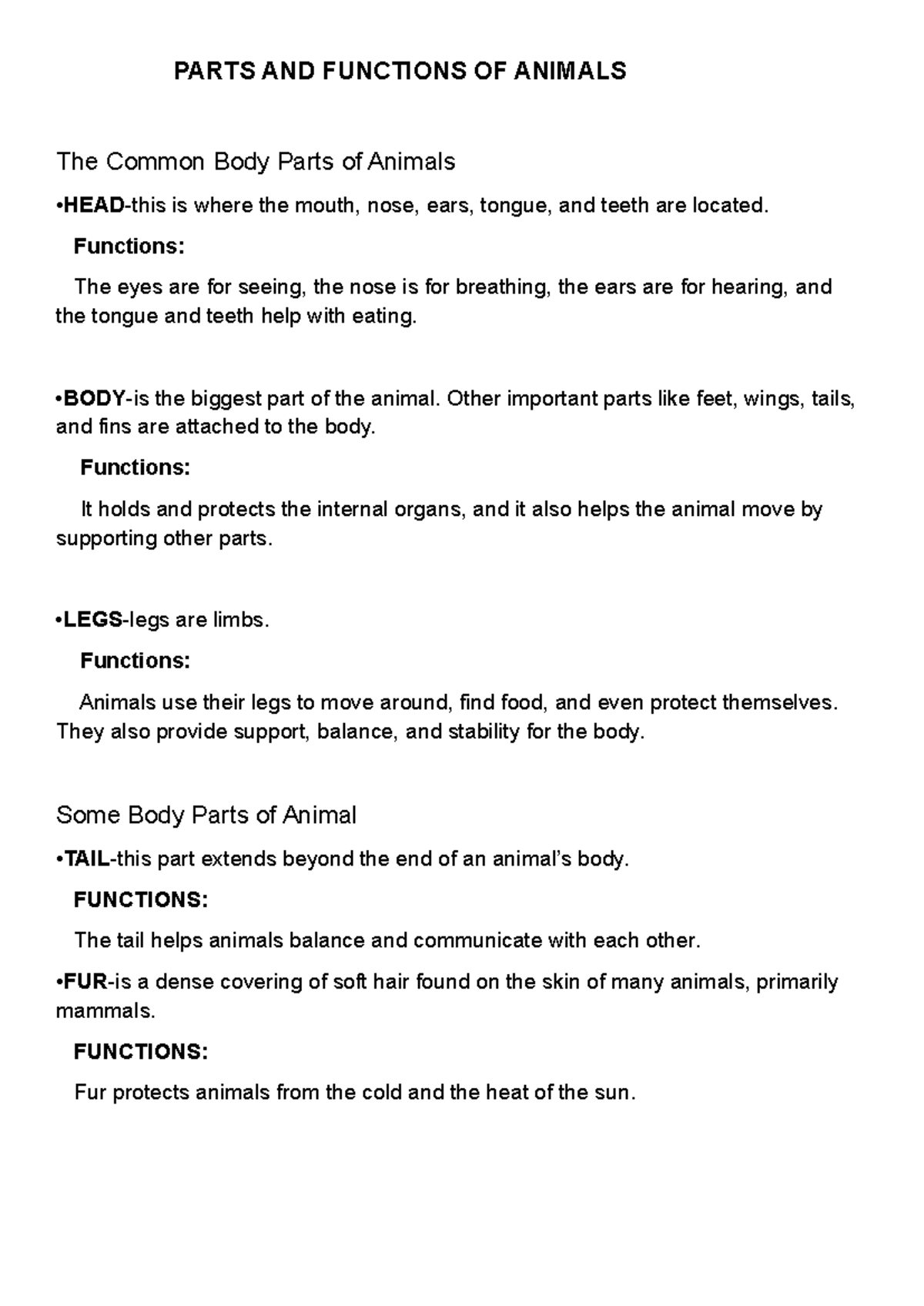 Parts and Functions of Animals: Detailed Analysis and Descriptions ...