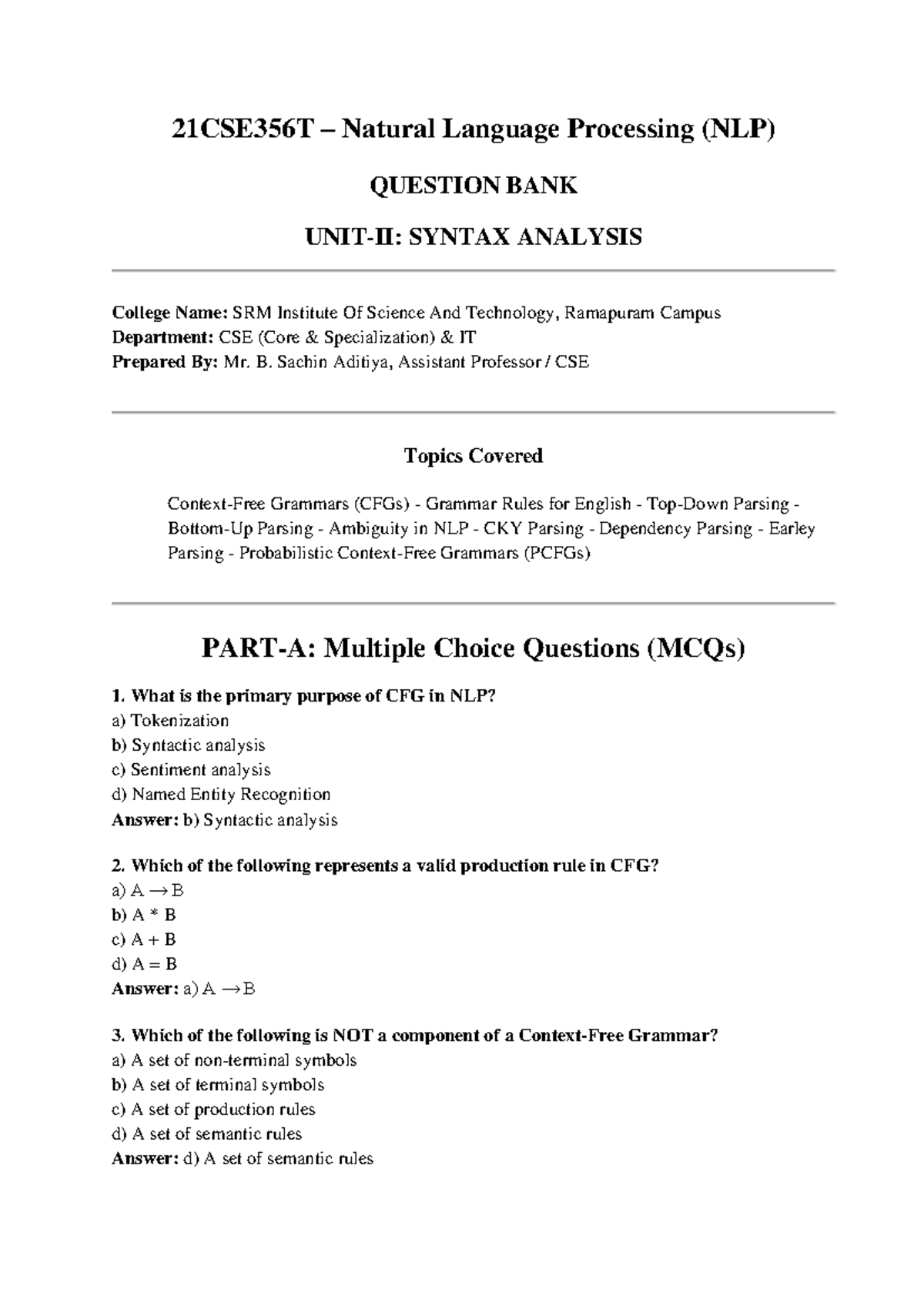 21CSE356T NLP Question Bank: Syntax Analysis & Parsing Techniques - Studocu