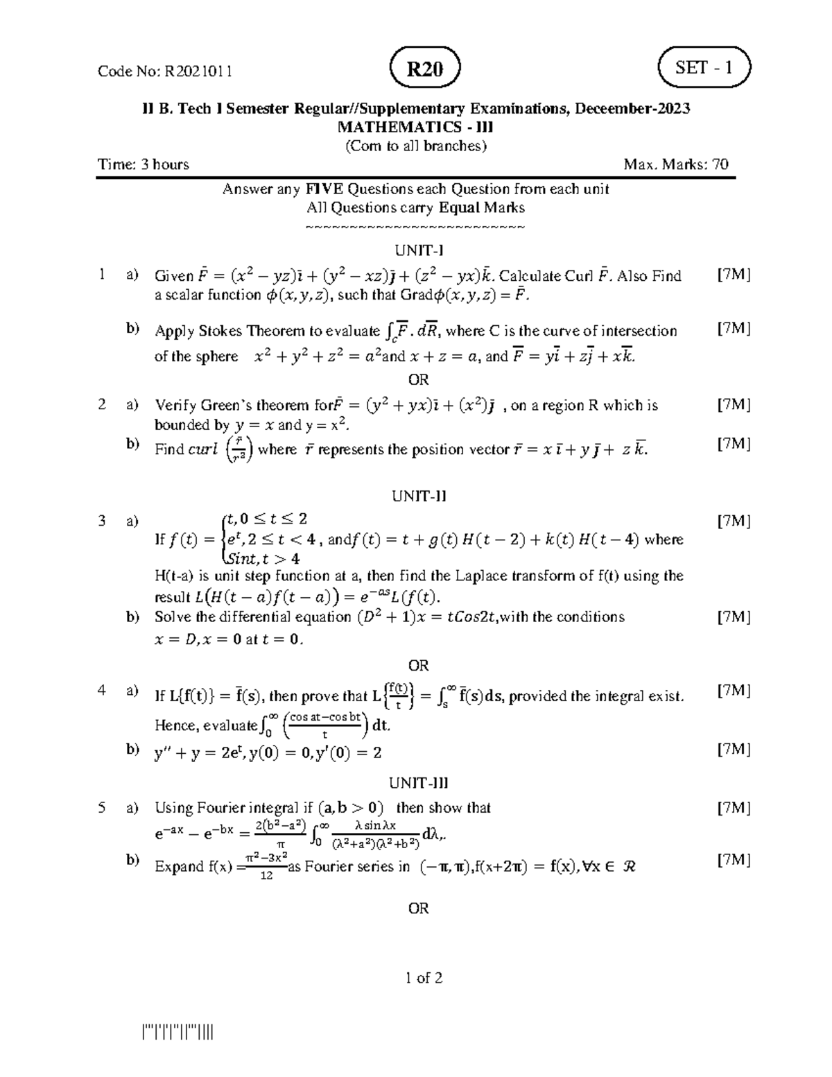 Mathematics III DEC 2023 - II B. Tech I Semester Regular//Supplementary ...