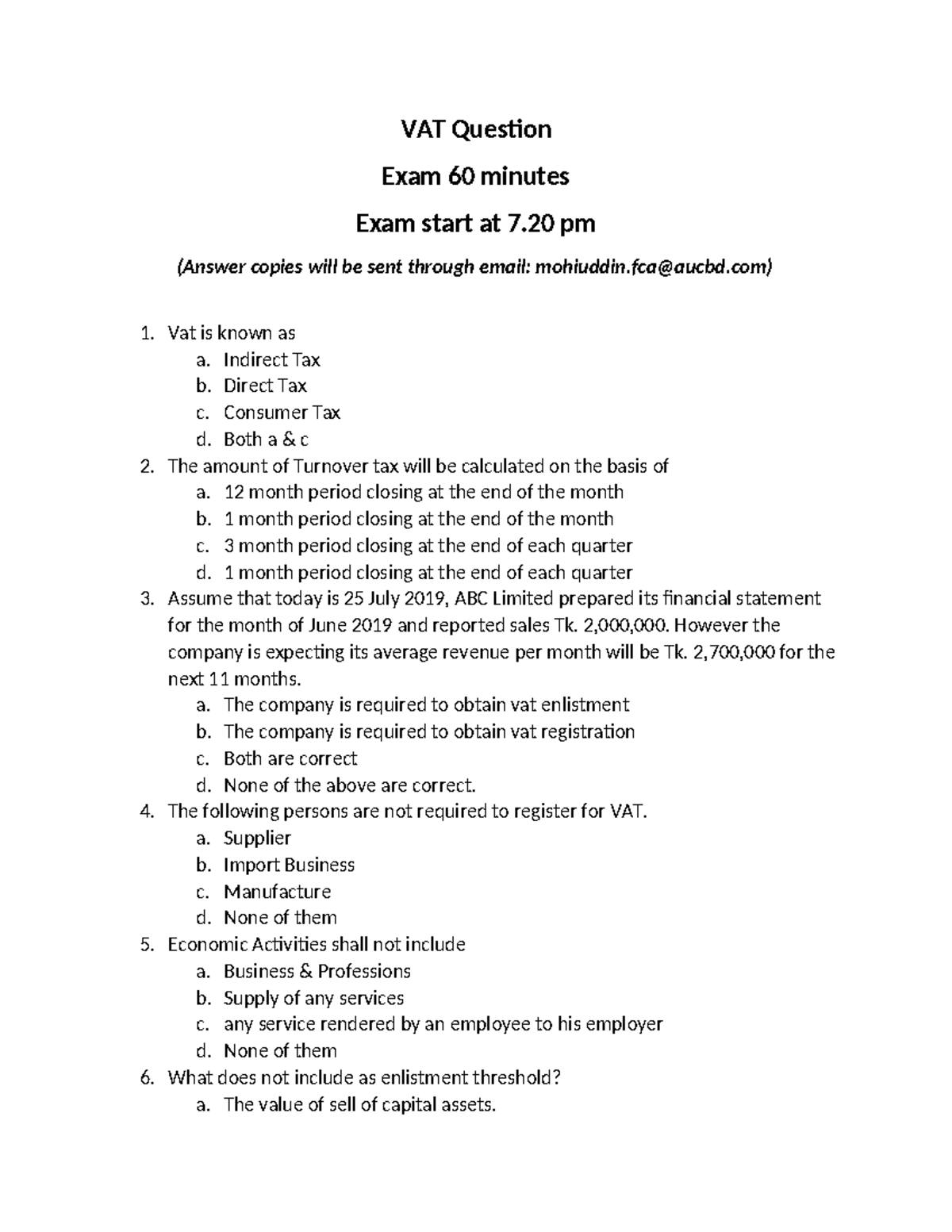 VAT Question Multiple format QUES - VAT Question Exam 60 minutes Exam ...