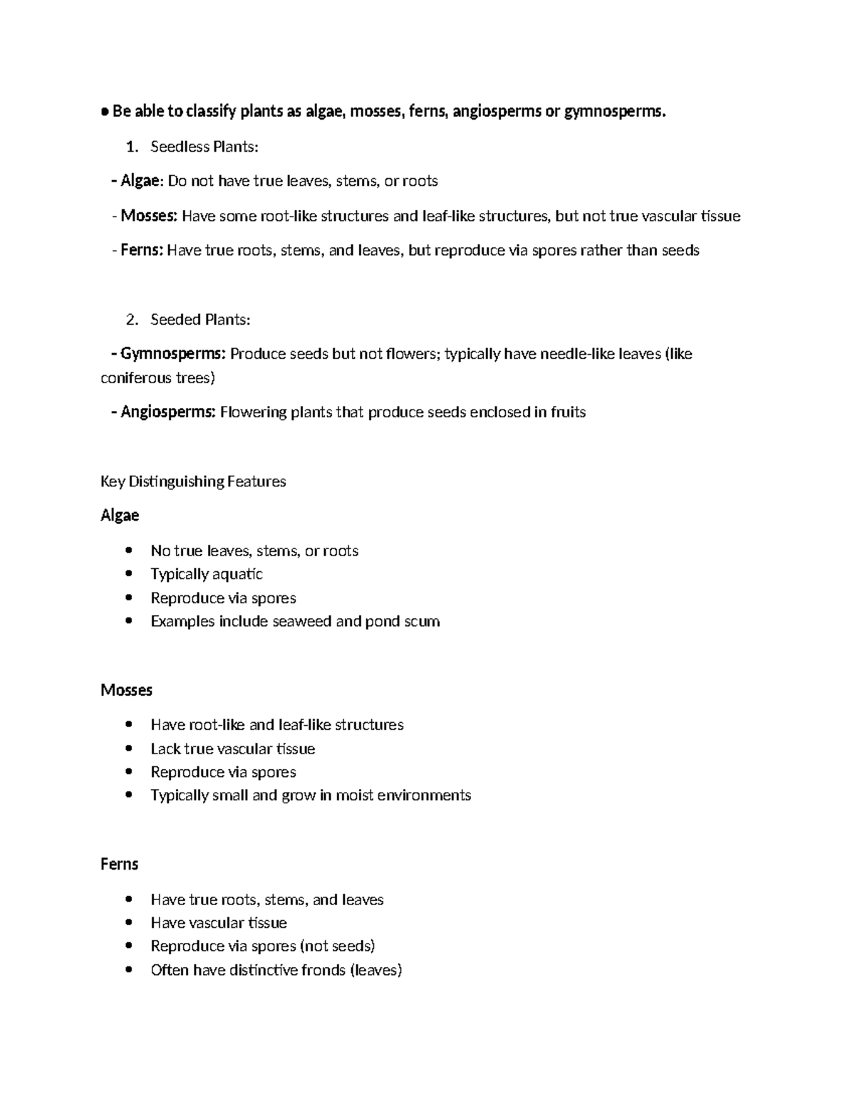 Biology (Lec) Notes: Plant Classification, Structure, and Adaptations ...