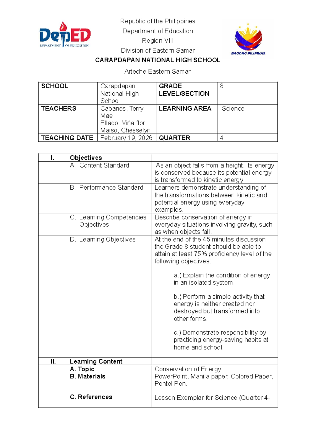 Grade 8 Science Lesson Plan: Conservation of Energy (Q4) - Studocu