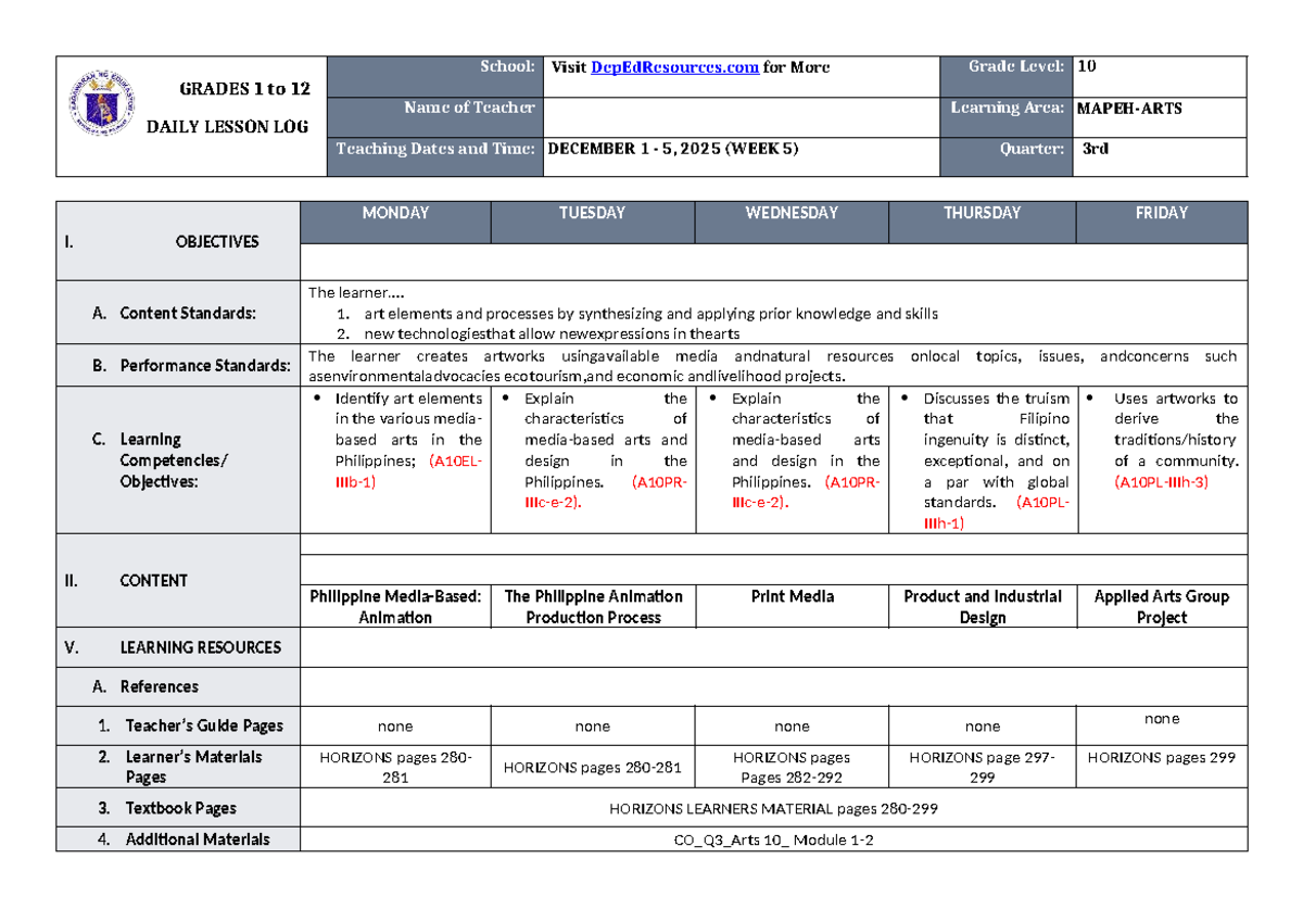 DLL MAPEH-ARTS 10 Q3 W5: Daily Lesson Log for December 1-5, 2025 - Studocu