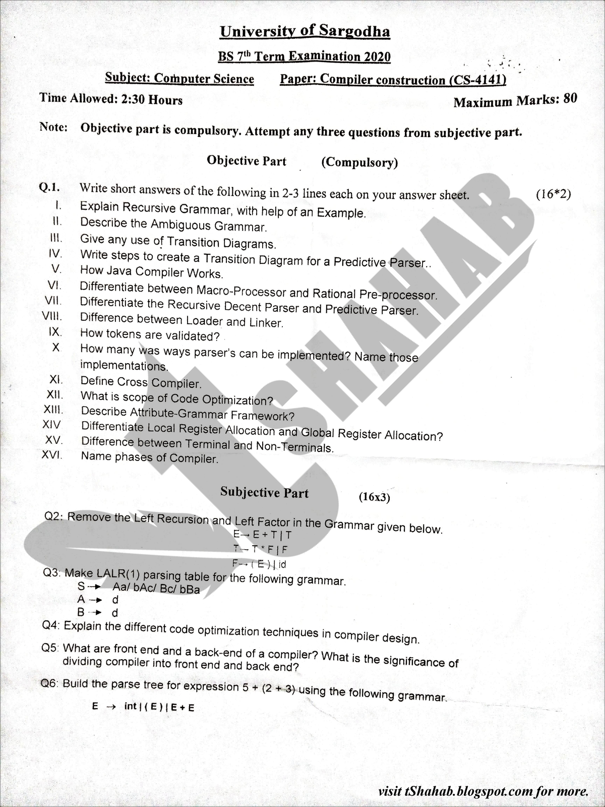 CC CS 2020 - BS 7th Term Exam Paper - compiler construction - Studocu