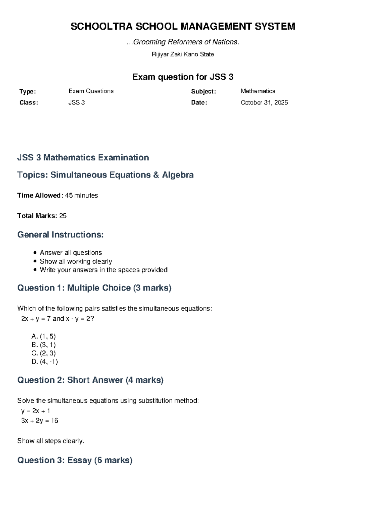 JSS 3 Mathematics Exam Questions: Simultaneous Equations & Algebra ...