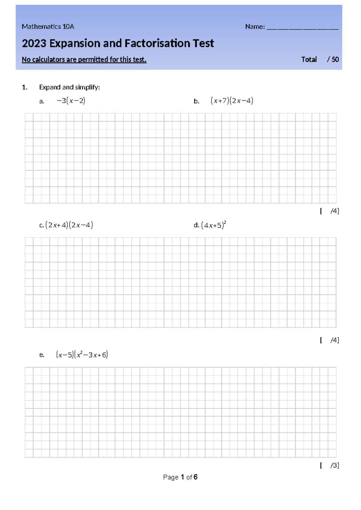 2023 Math 10A Expansion & Factorisation Test - Studocu