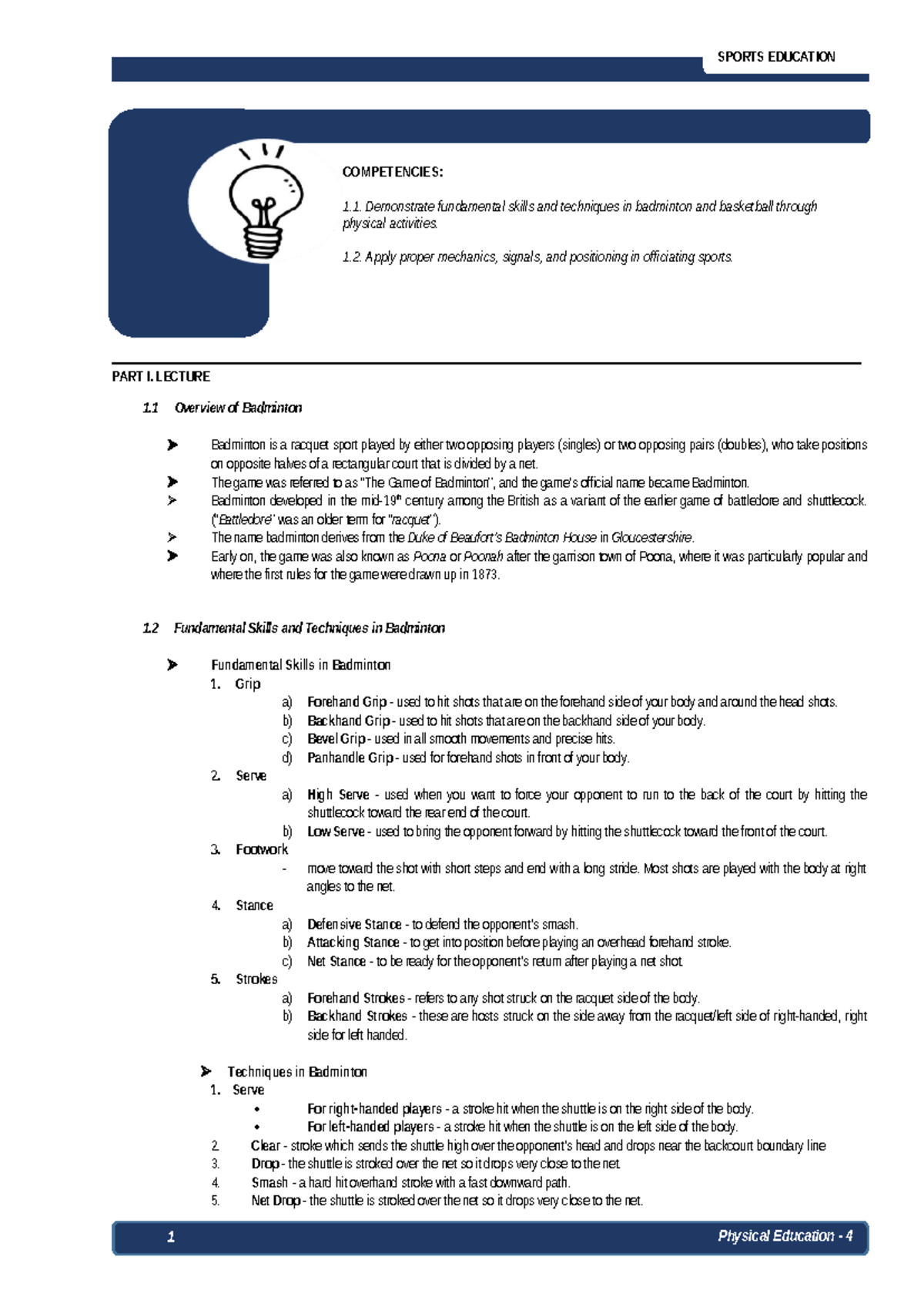PE-4 Lecture Notes: Overview & Skills in Badminton and Basketball - Studocu