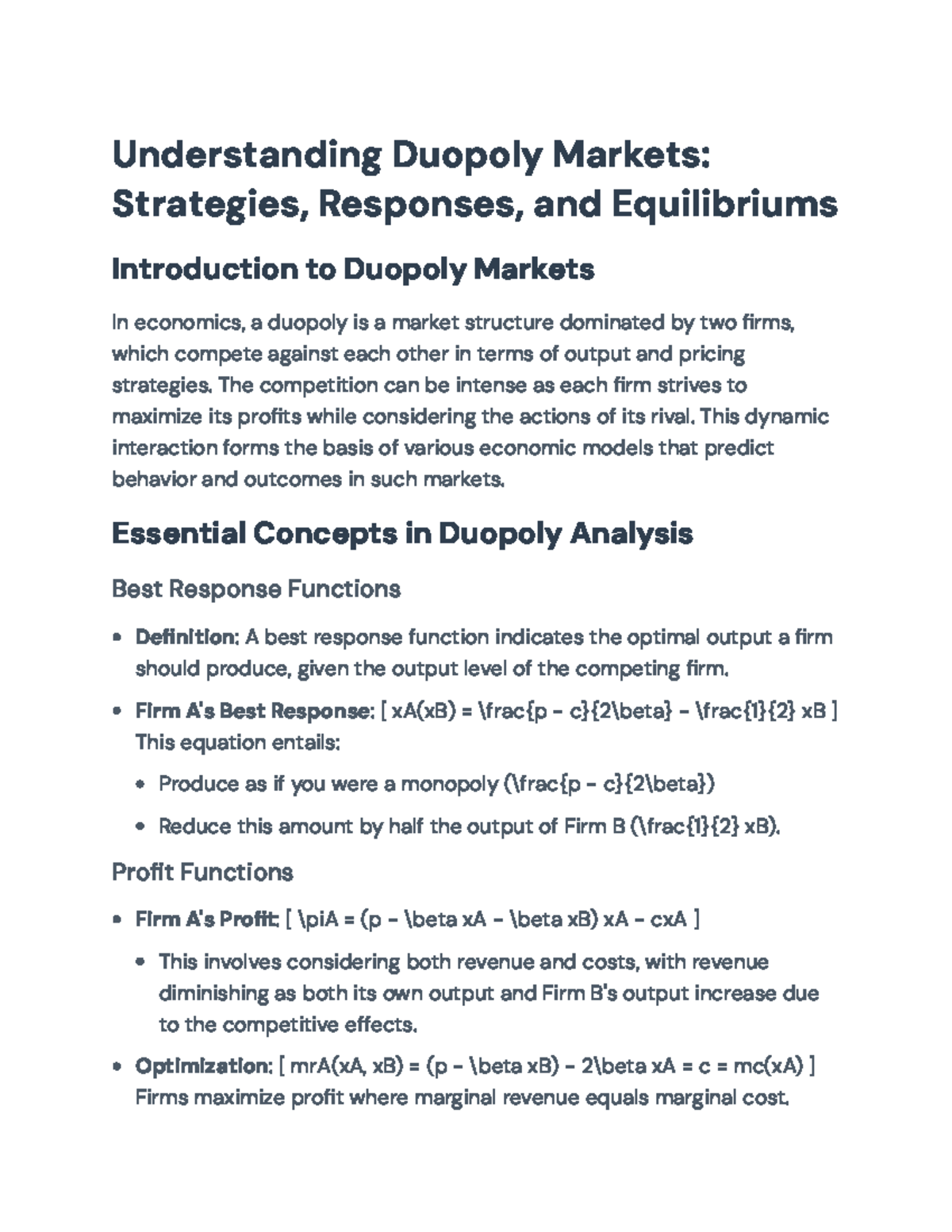 Duopoly Markets: Strategies, Responses, and Nash Equilibrium Analysis ...