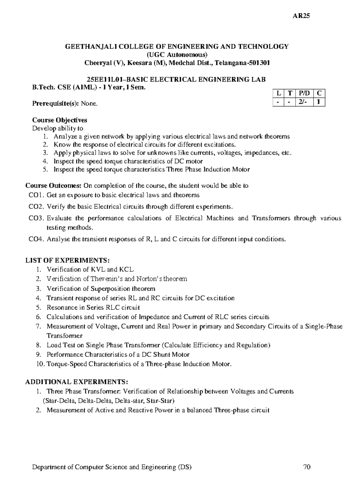 BEE LAB: Basic Electrical Engineering Experiments for B.Tech CSE (AIML) - Studocu