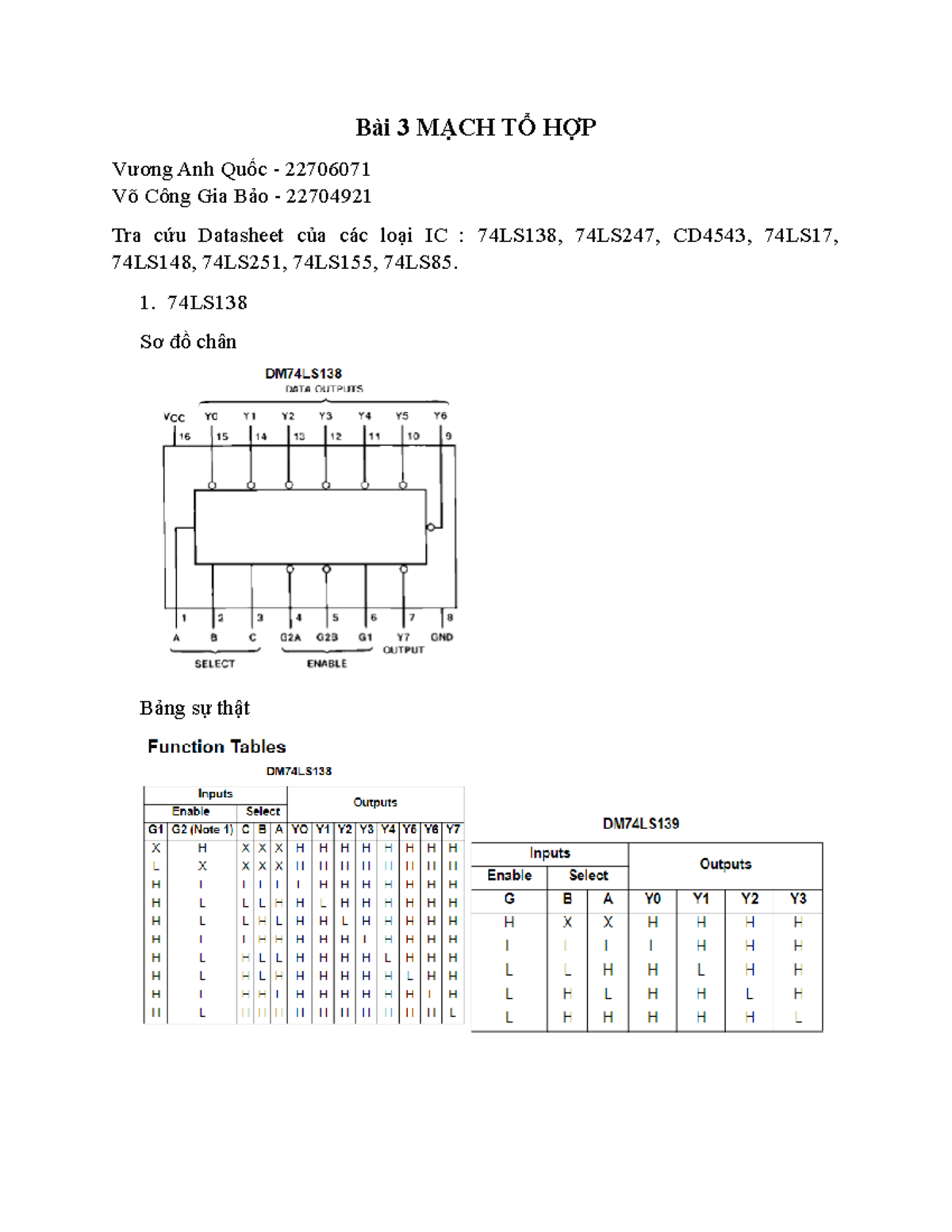 IC Chương 3: Mạch Tổ Hợp và Datasheet IC 74LS138, CD4543 - Studocu