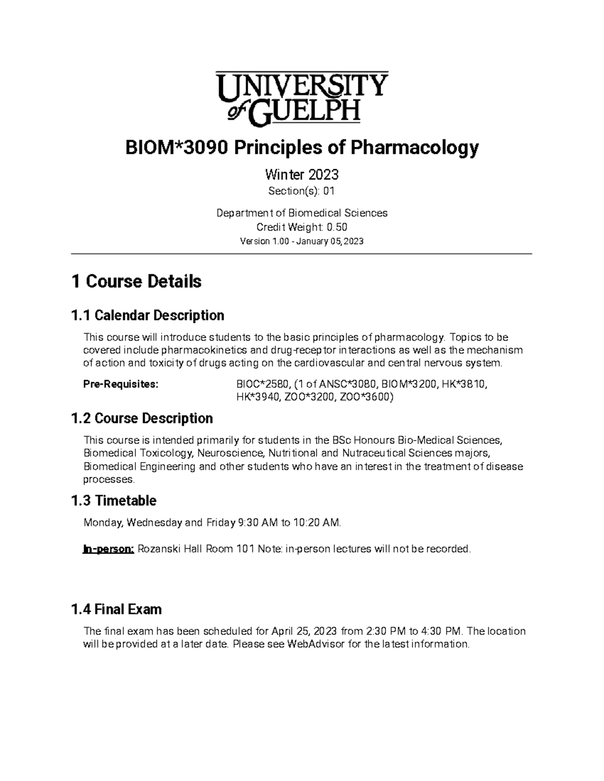 BIOM 3090 Course Outline: Principles of Pharmacology Winter 2023 - Studocu