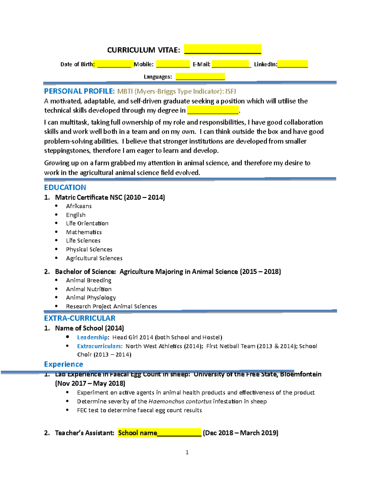 Student CV Example - no man - CURRICULUM VITAE: __________________ Date ...