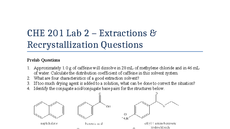 CHE 201 Lab 2 Acid-Base Extractions Pre/Post Questions - Studocu