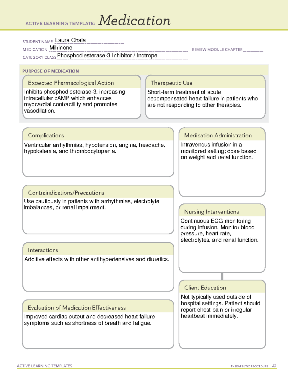 Milrinone Drug Card: Active Learning Template for Nursing Students ...