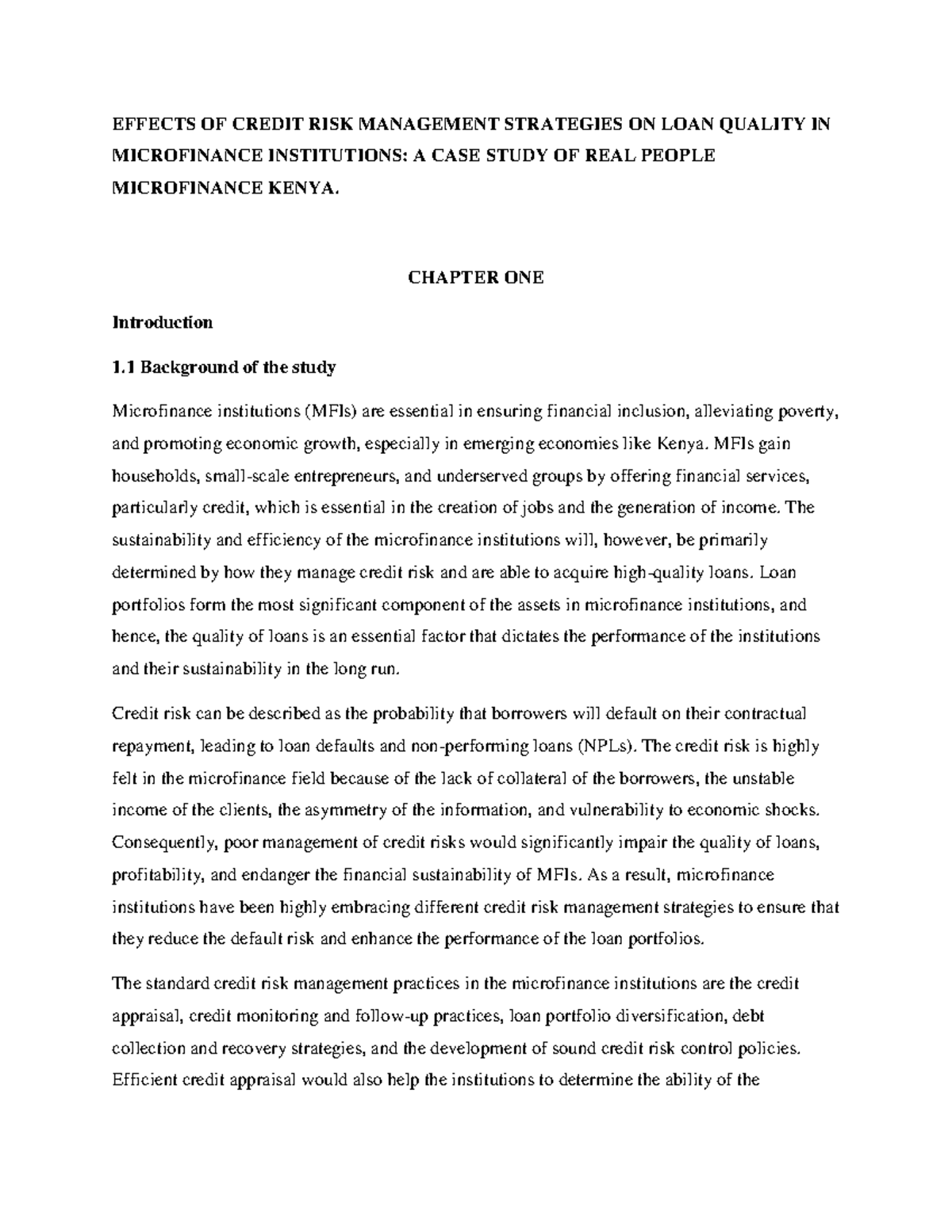 EFFECTS OF CREDIT RISK MANAGEMENT ON LOAN QUALITY IN MFIs: A CASE STUDY ...