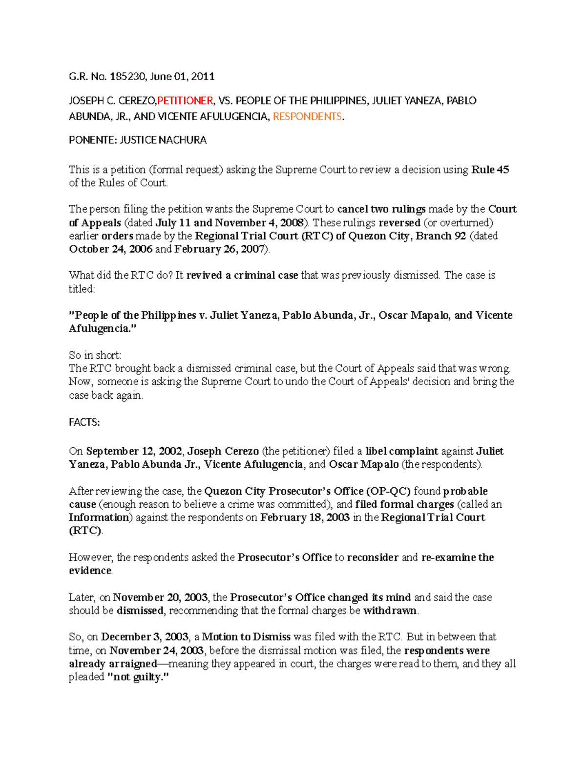 G.R. No. 185230: Supreme Court Review on Double Jeopardy Issues - Studocu