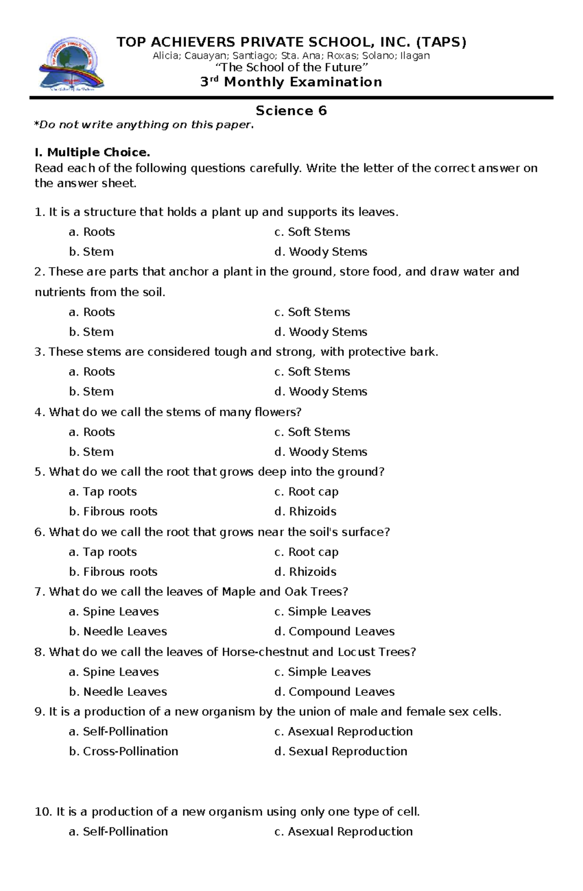 3rd Monthly Exam - Science 6 (TAPS) - Studocu