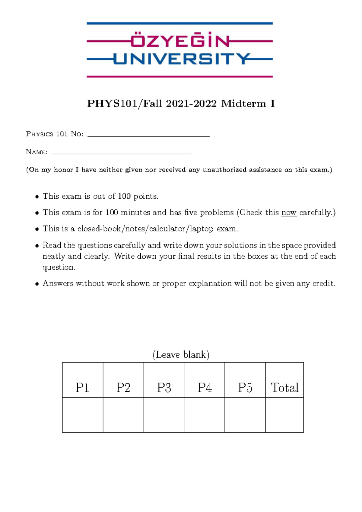 Midterm I Solutions for Physics 101 Exam - Studocu