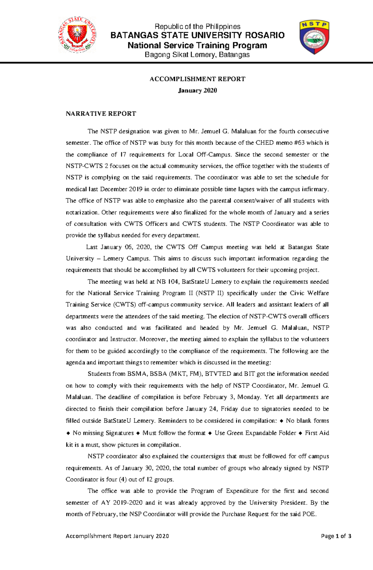 NSTP Accomplishment Report - January 2020 at Batangas State Univ. - Studocu